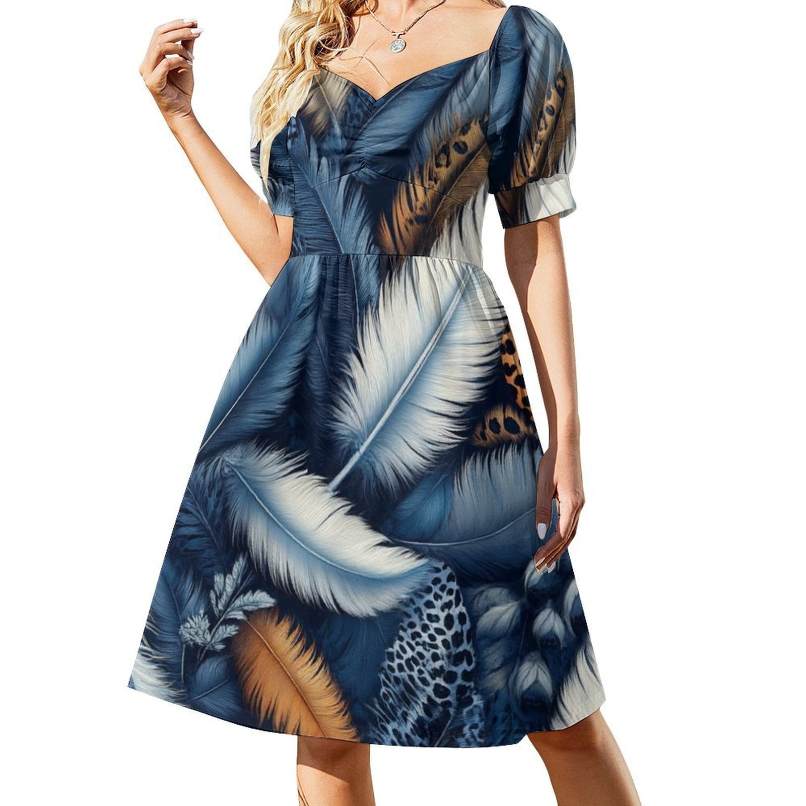 Blue Feathers Leopard Spots Pattern Short Sleeve Dress Clothes Women's ...
