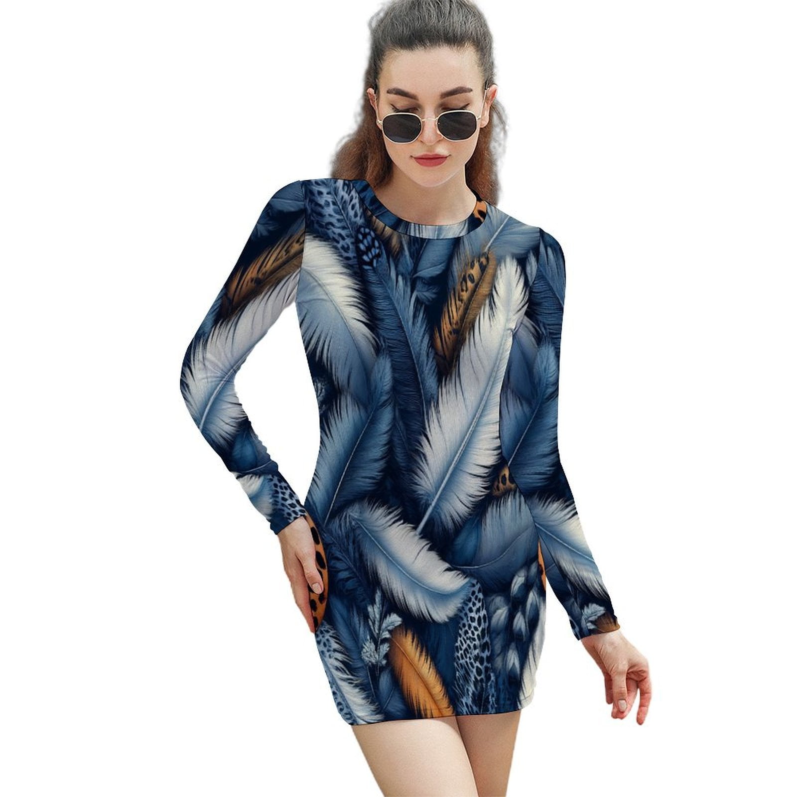 Blue Feathers Leopard Spots Pattern Women's Long Sleeve Bodycon Dress ...