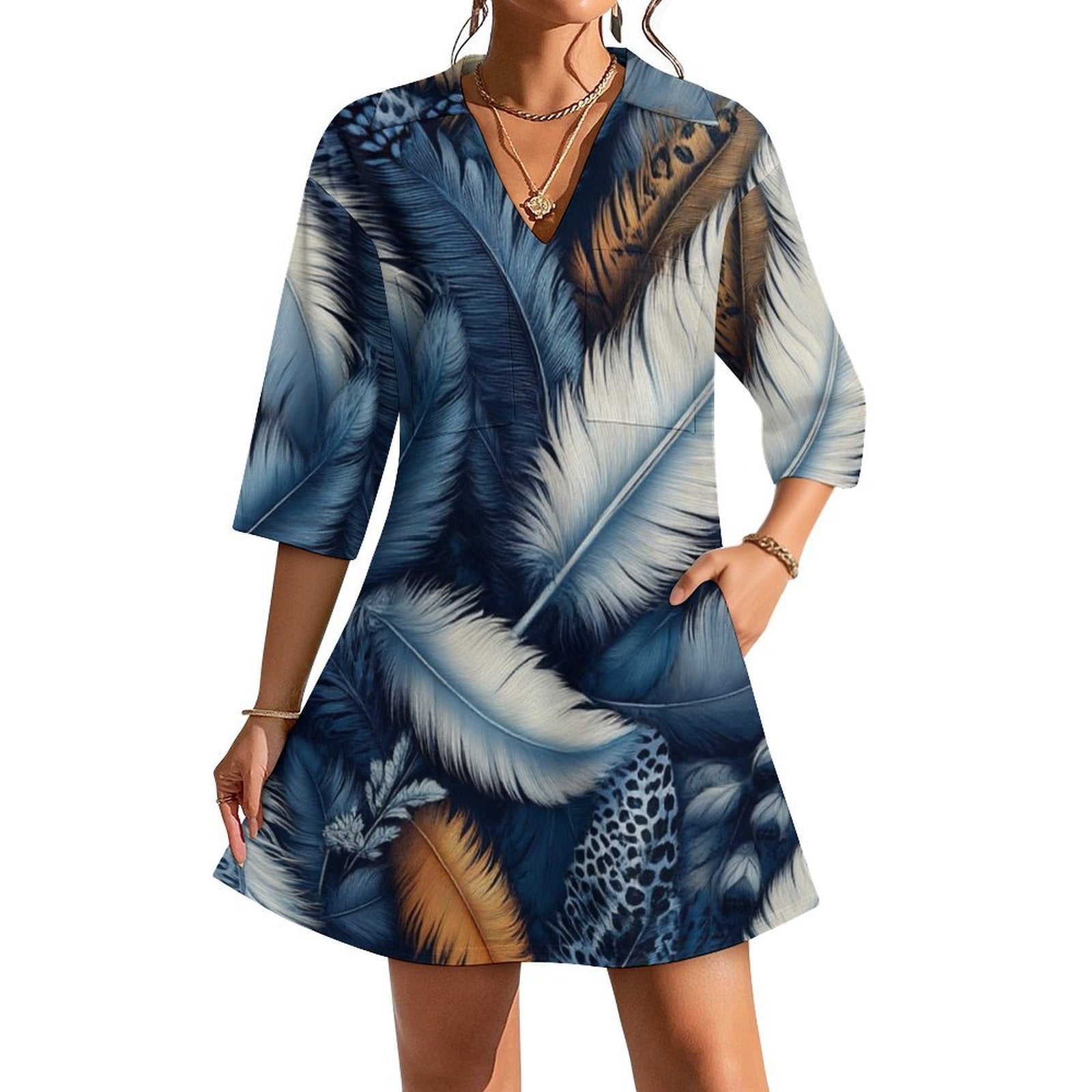 Blue Feathers Leopard Spots Pattern Womens Dress With Pockets Summer V ...