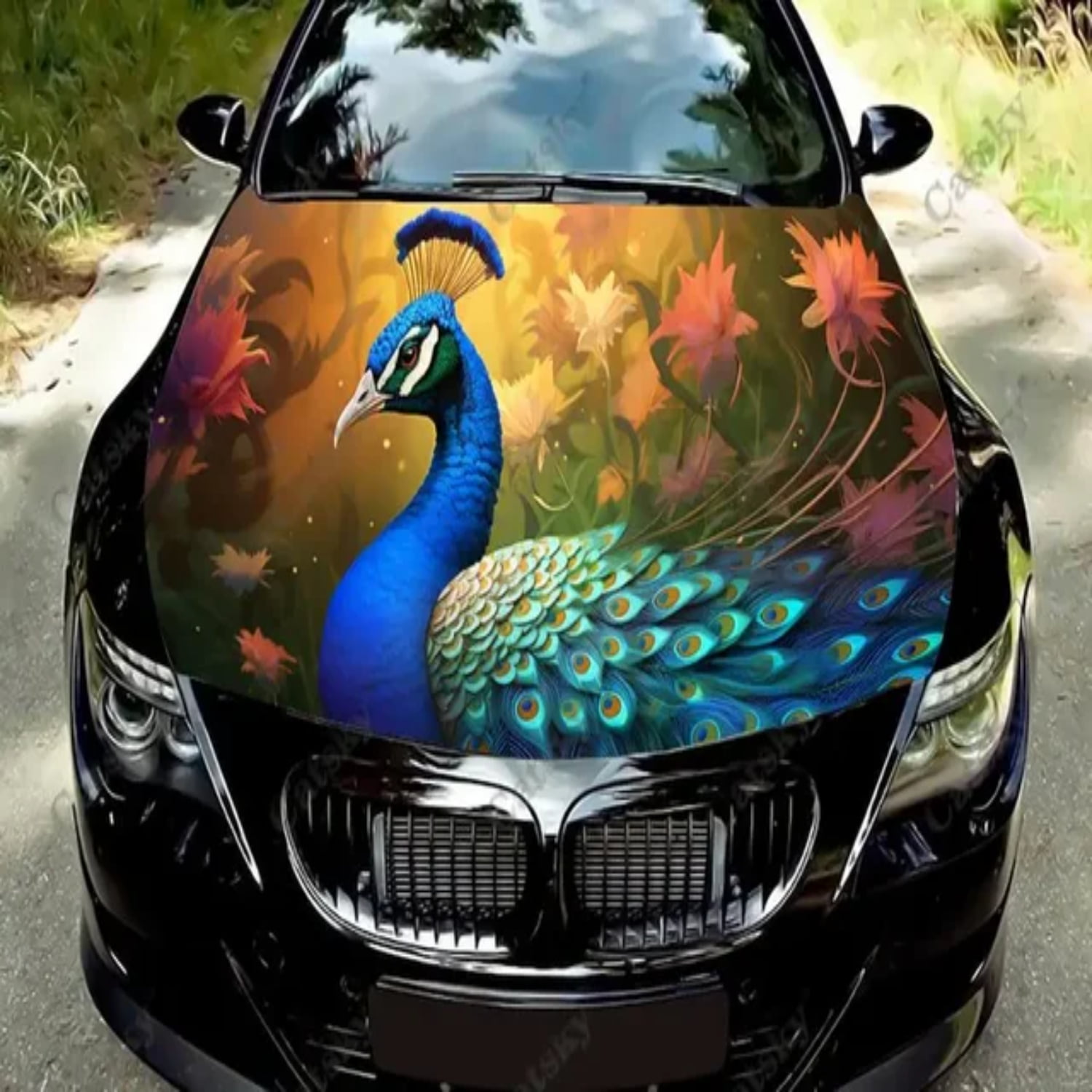 Blue Feathers Peacock Car Hood Vinyl Stickers Wrap Vinyl Film Engine ...