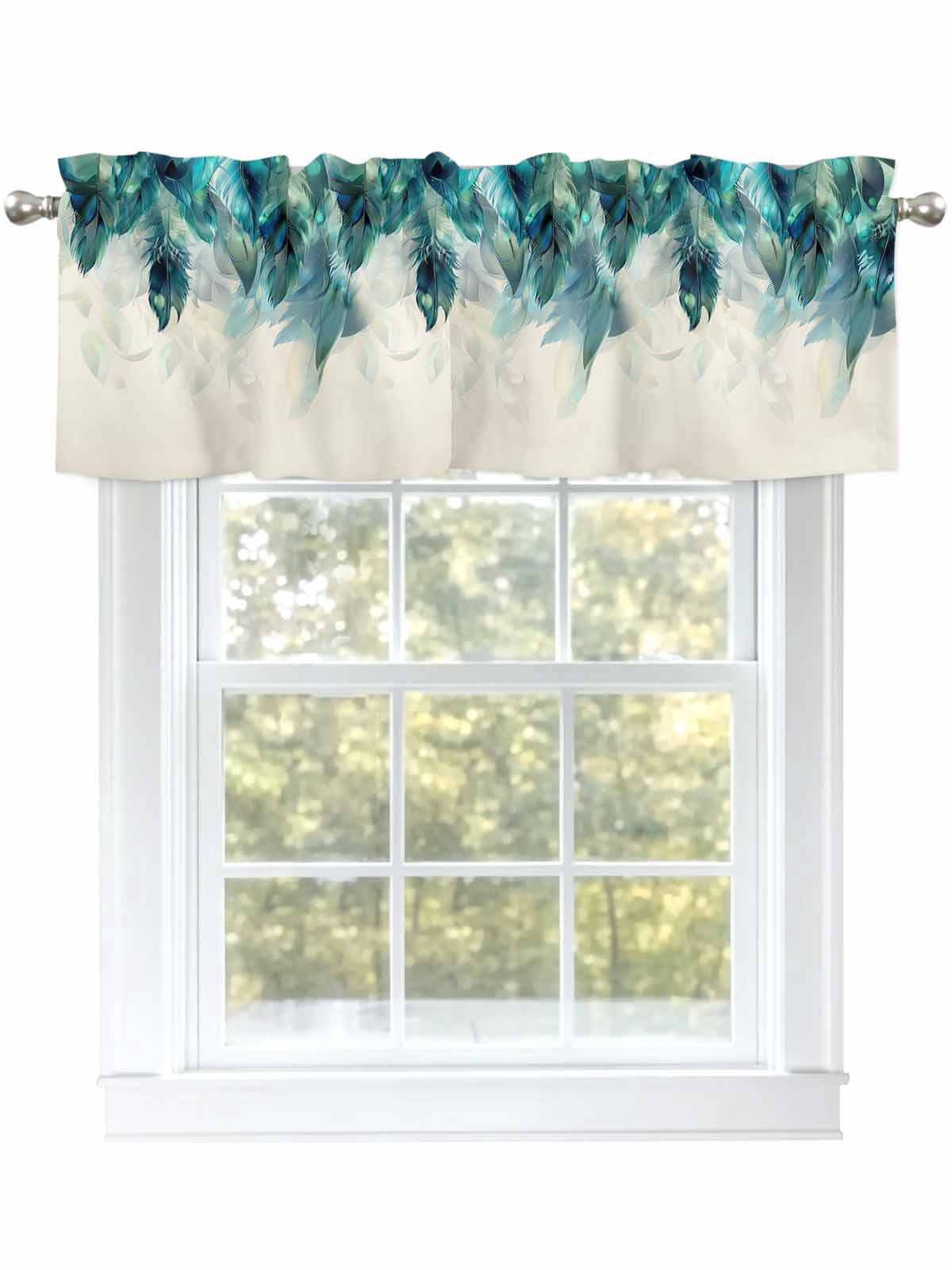 Blue Feathers Window Valances for Kitchen, Teal Green Blue Feathers ...