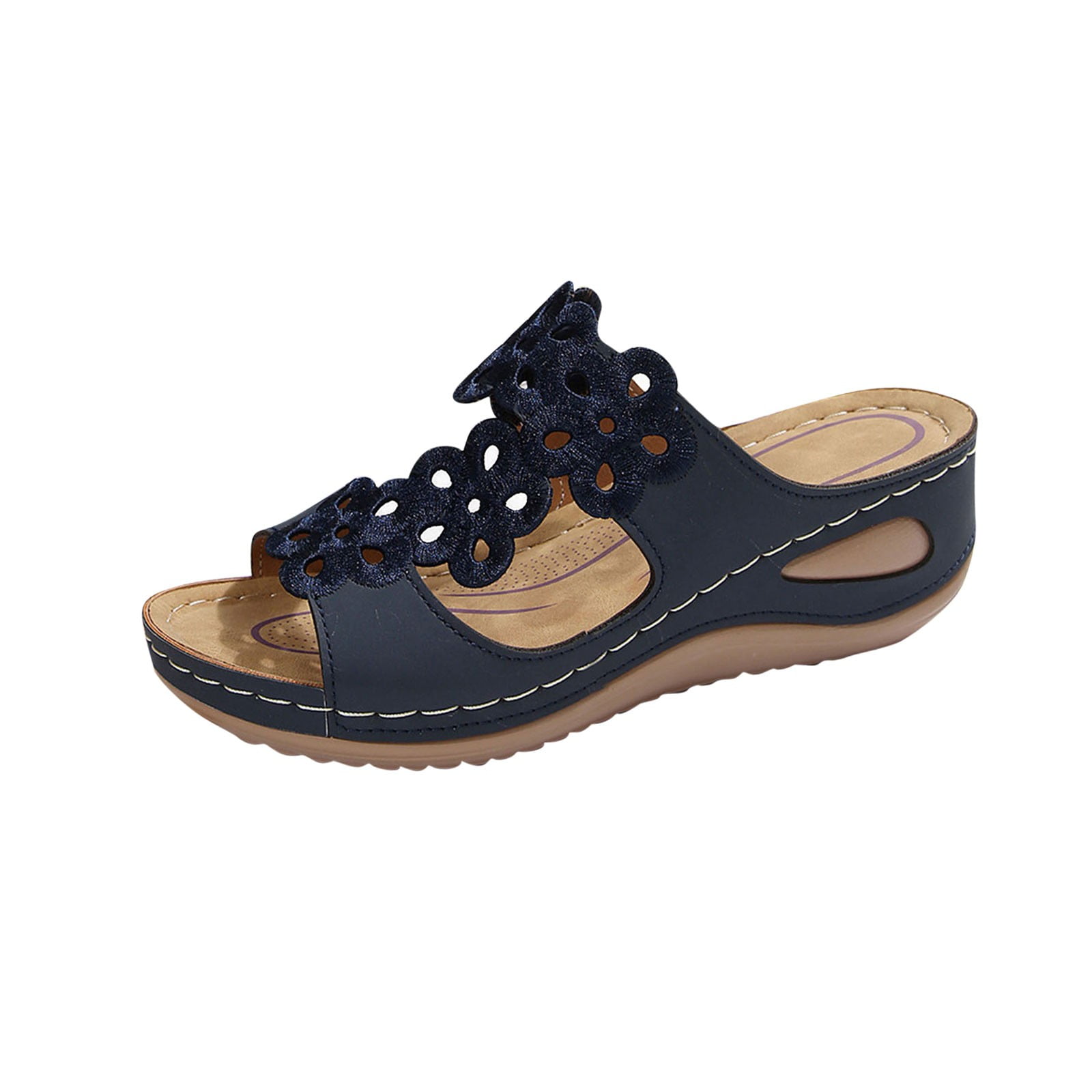 Blue Female Casual Hollow Strap Roman Wedge Heels With Pu Construction ...