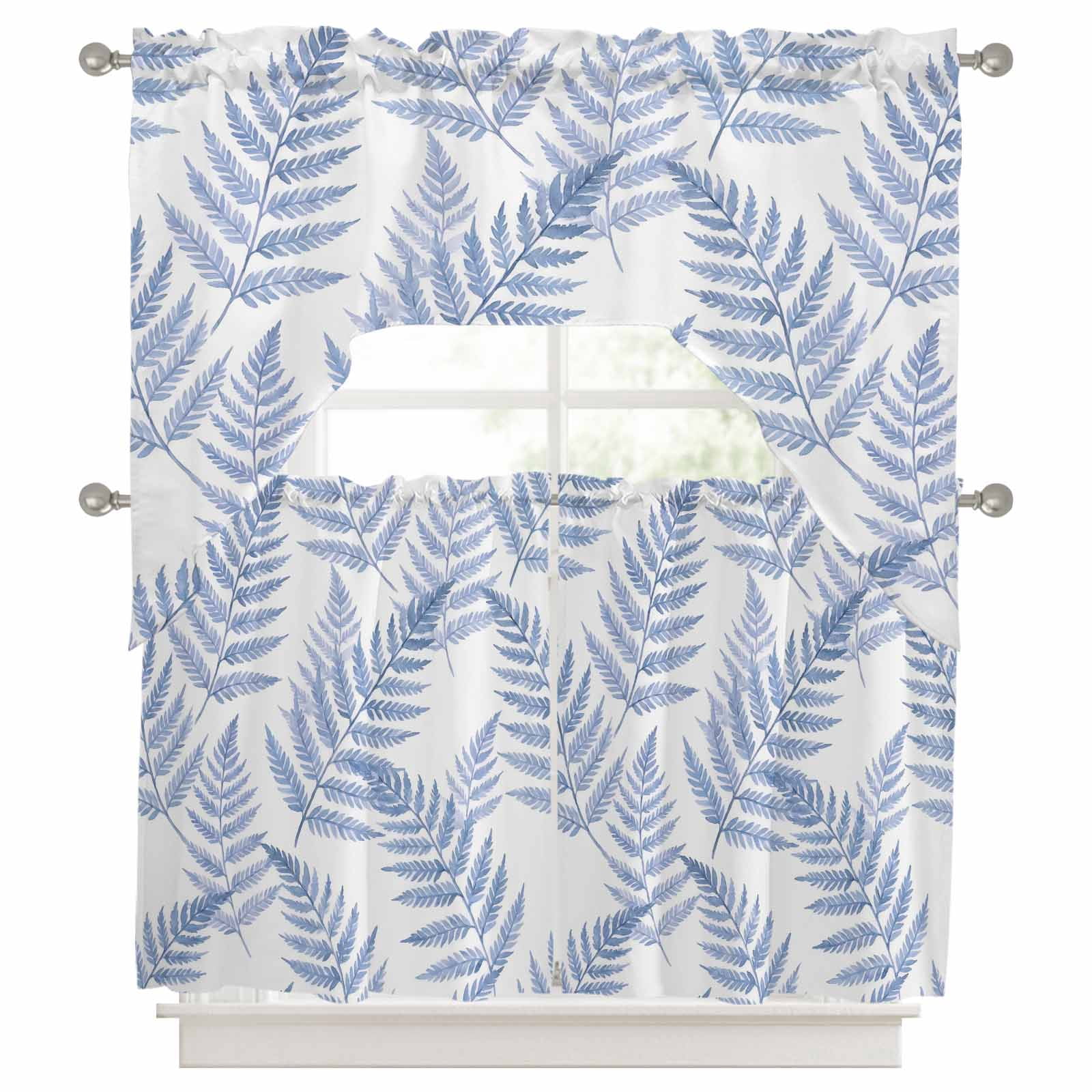 Blue Ferns Kitchen Curtains Swag Valance and Tier Curtains Set 36 Inch ...