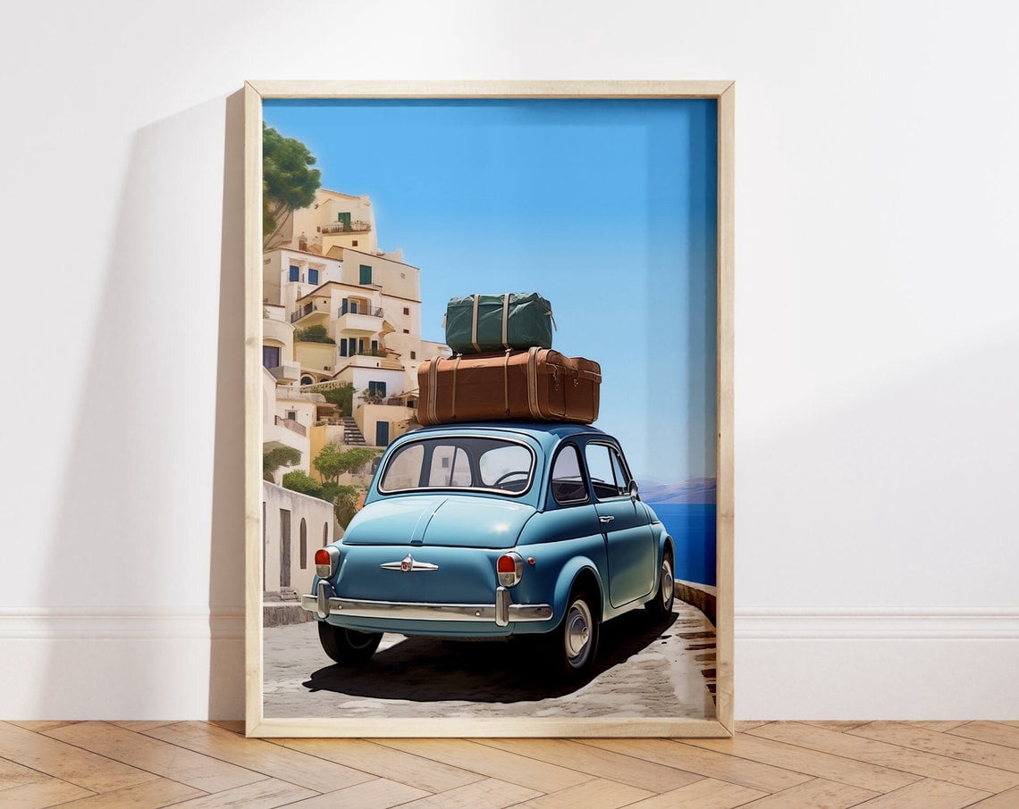 Blue Fiat 500 Wall Art, Retro Italian Wall Art, Vintage American Car ...