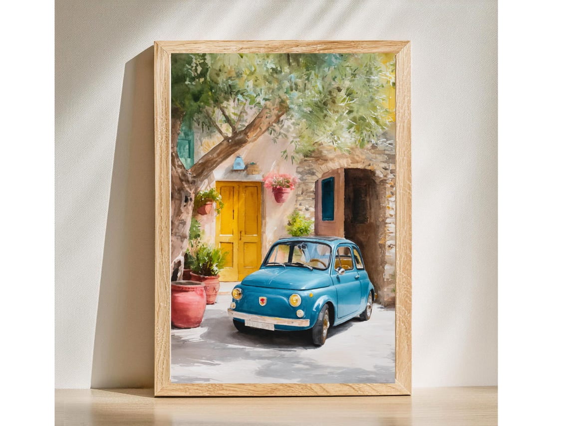 Blue Fiat Olive Tree Courtyard Print, Vintage Italian Travel Poster ...