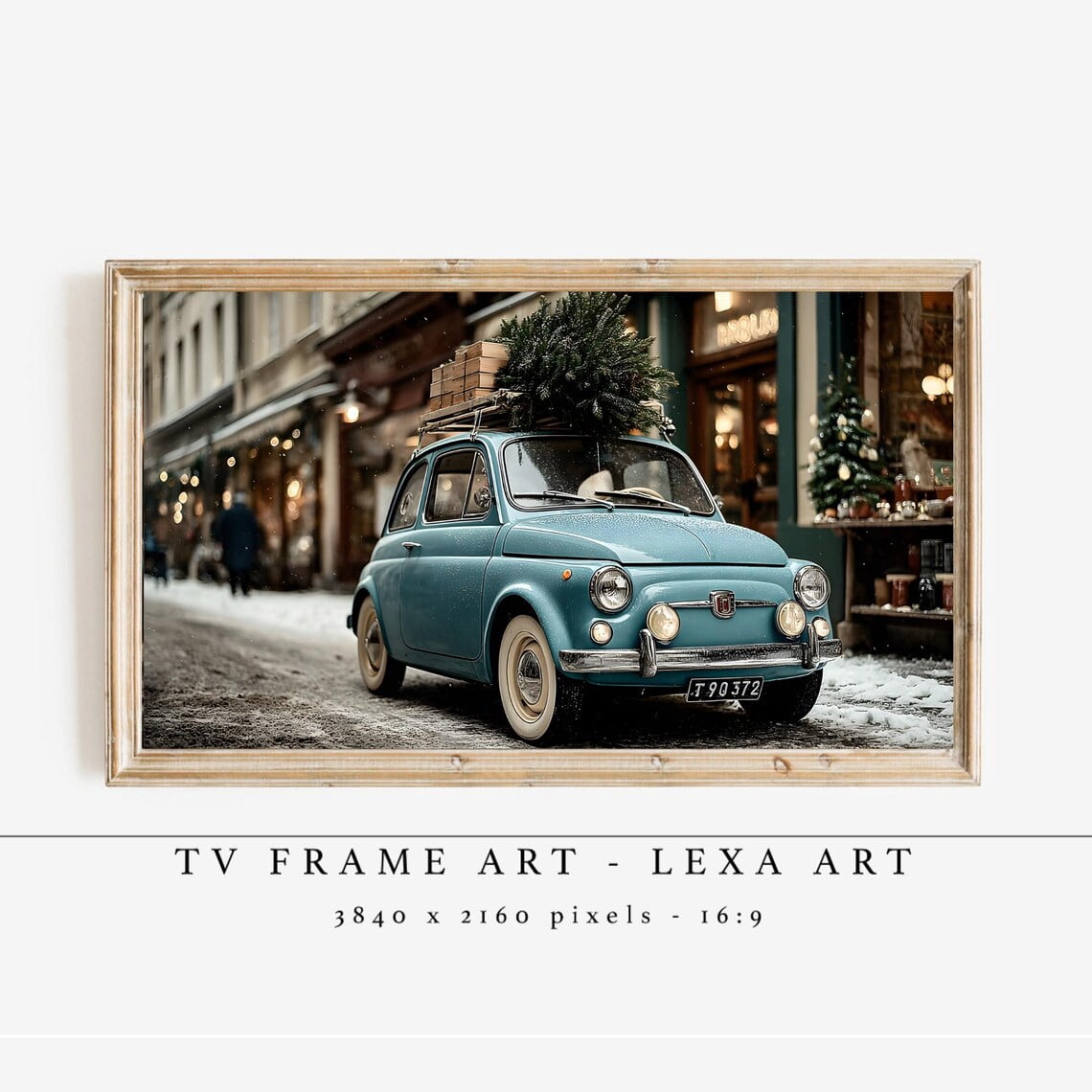 Blue Fiat Vintage Winter Cozy Snowy Street Scene Retro Car Poster ...