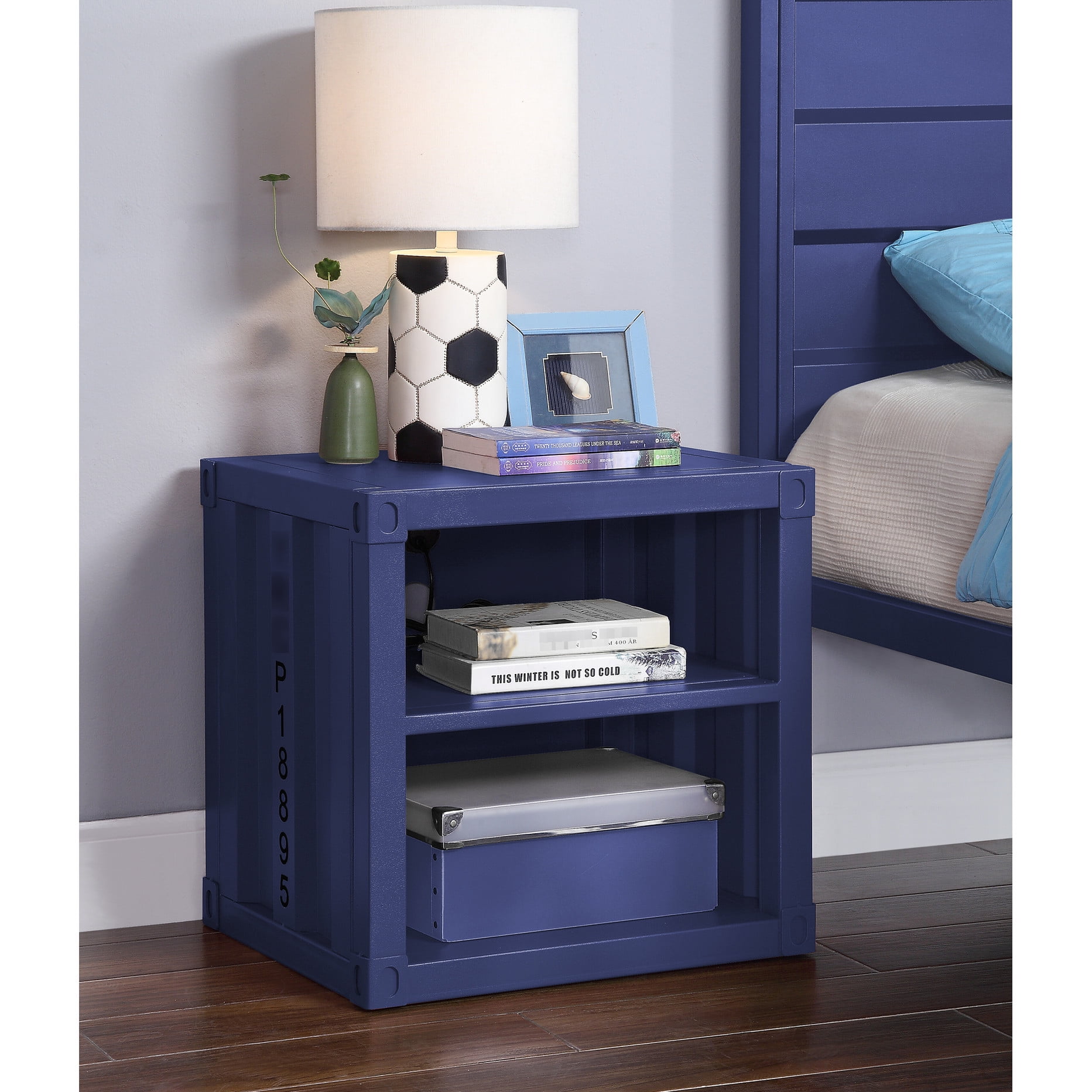 Blue Finish Cargo Nightstand+Easy Access Storage & USB”-“Bedroom Setup ...