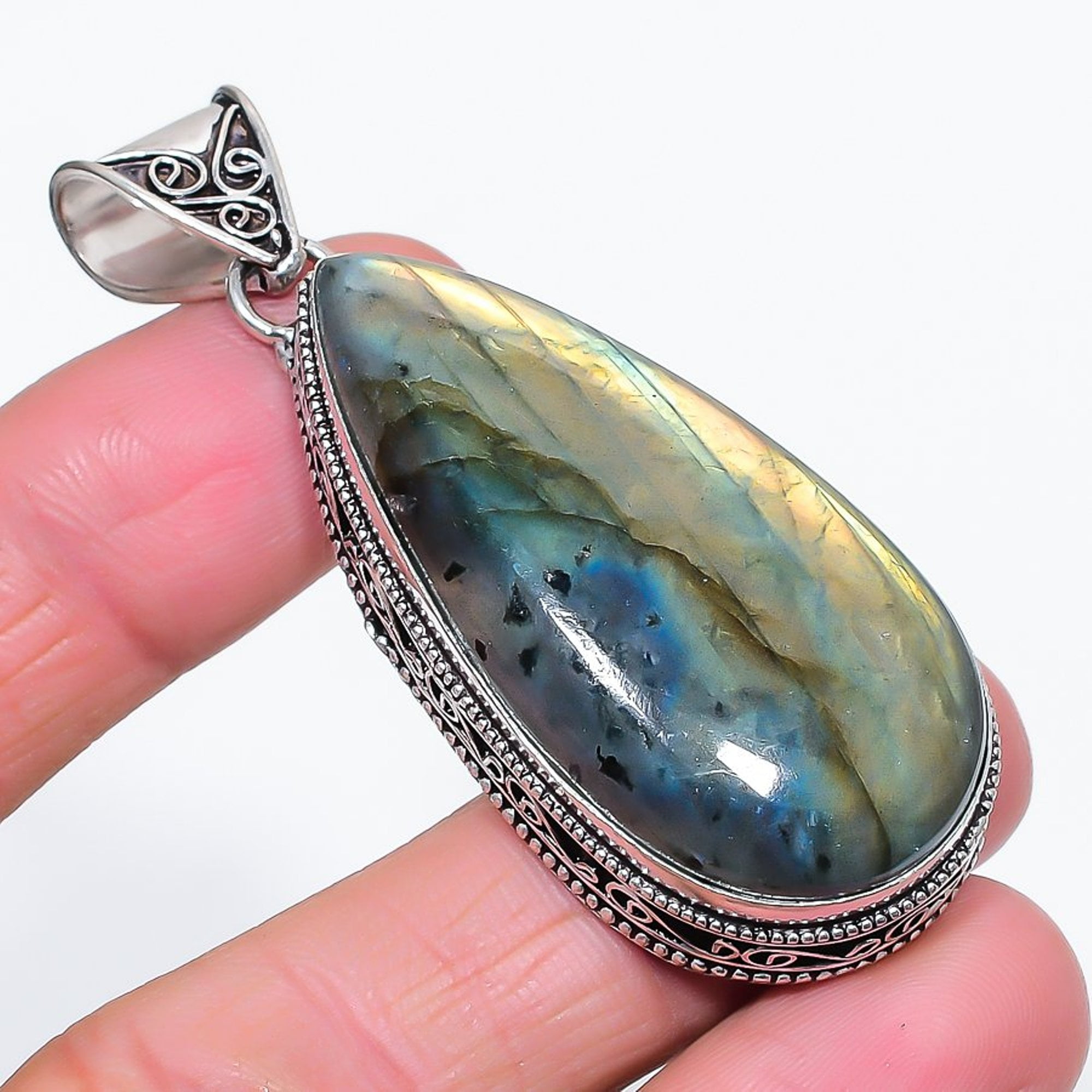 Blue Fire Labradorite Pear Shape Gemstone Pendant Vintage Jewelry 2.7 ...