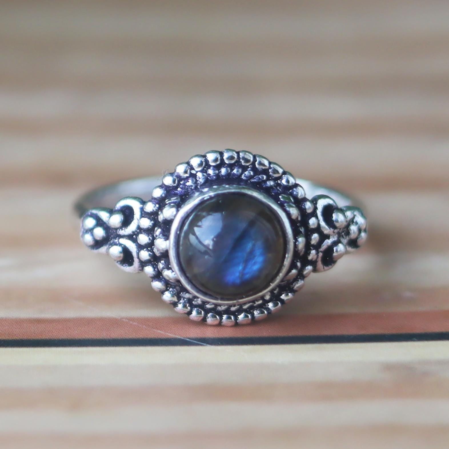 Blue Fire Labradorite Ring, 925 Silver Ring, Round Cut Ring, Moon Magic ...
