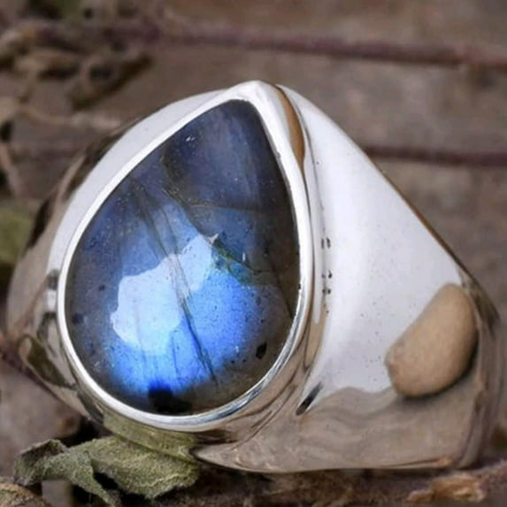 Blue Fire Labradorite Ring, Pear Shape Gemstone, Men's Signet Ring, 925 ...