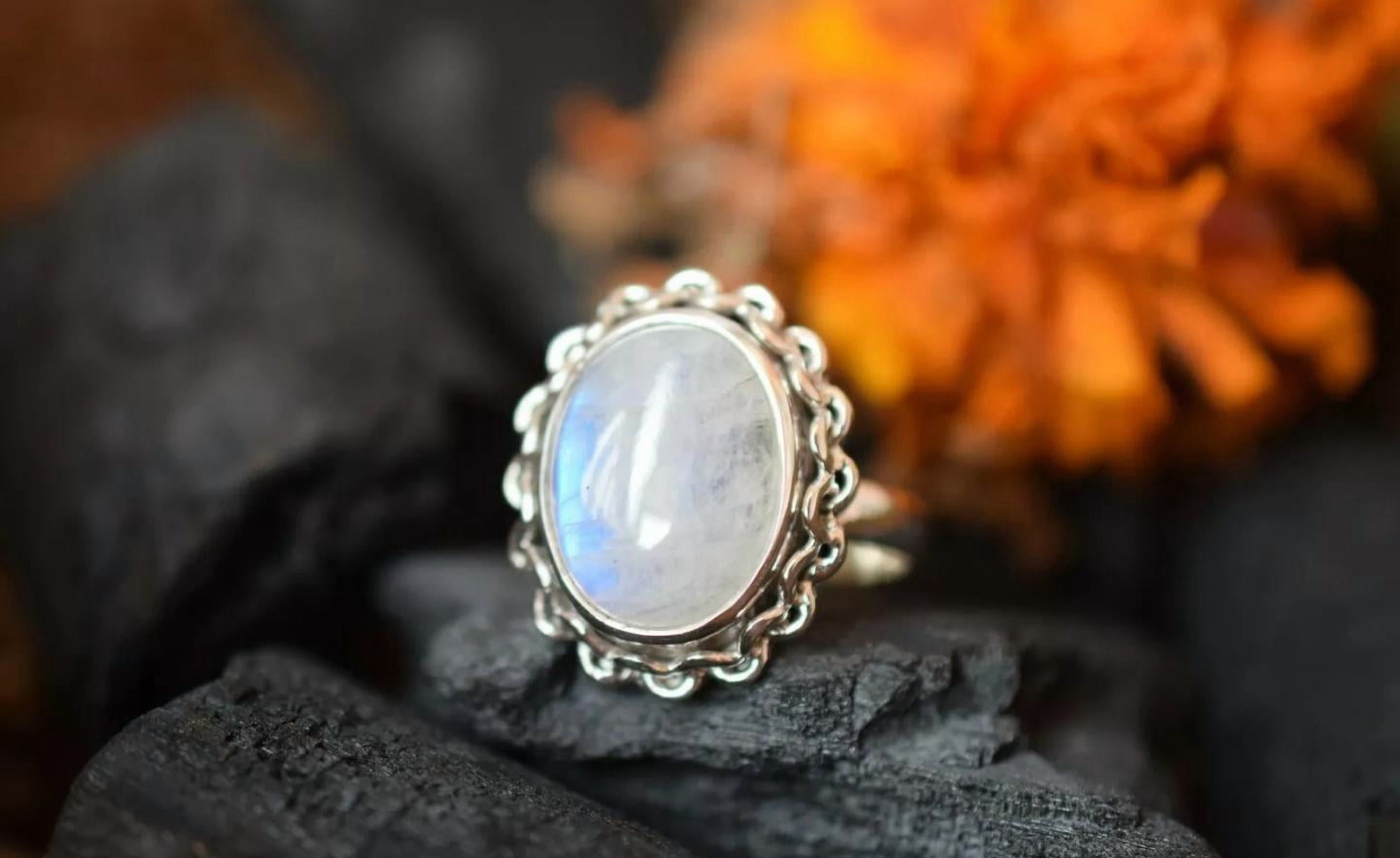 Blue Fire Moonstone Ring, Oval Cut Gemstone Ring, 925 Pure Silver Ring ...