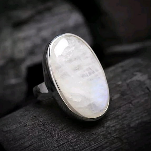Blue Fire Moonstone Ring, Oval Shape Gemstone Ring, Silver Band Ring ...