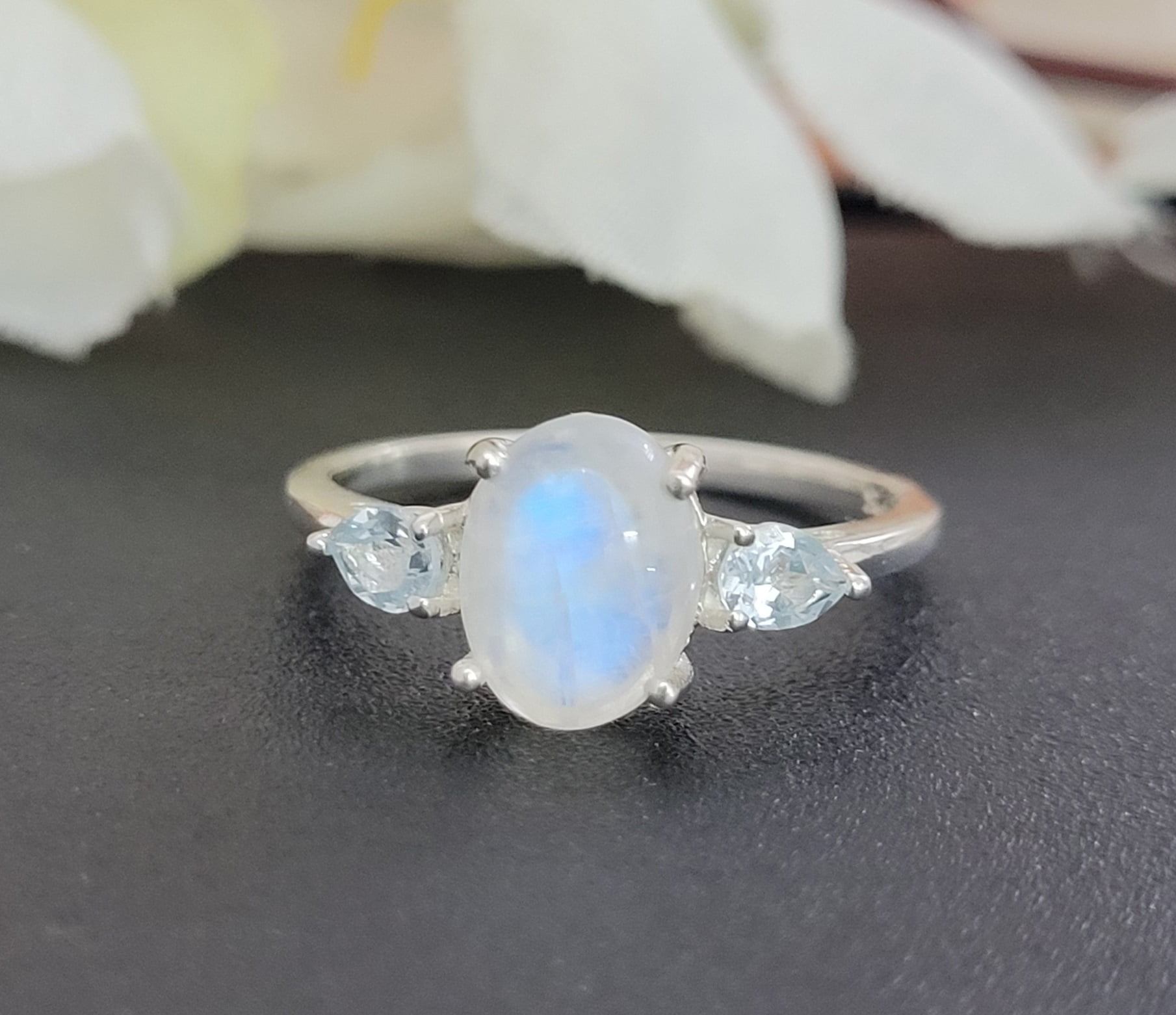 Blue Fire Rainbow Moonstone Ring - 925 Sterling Silver Ring - Three ...
