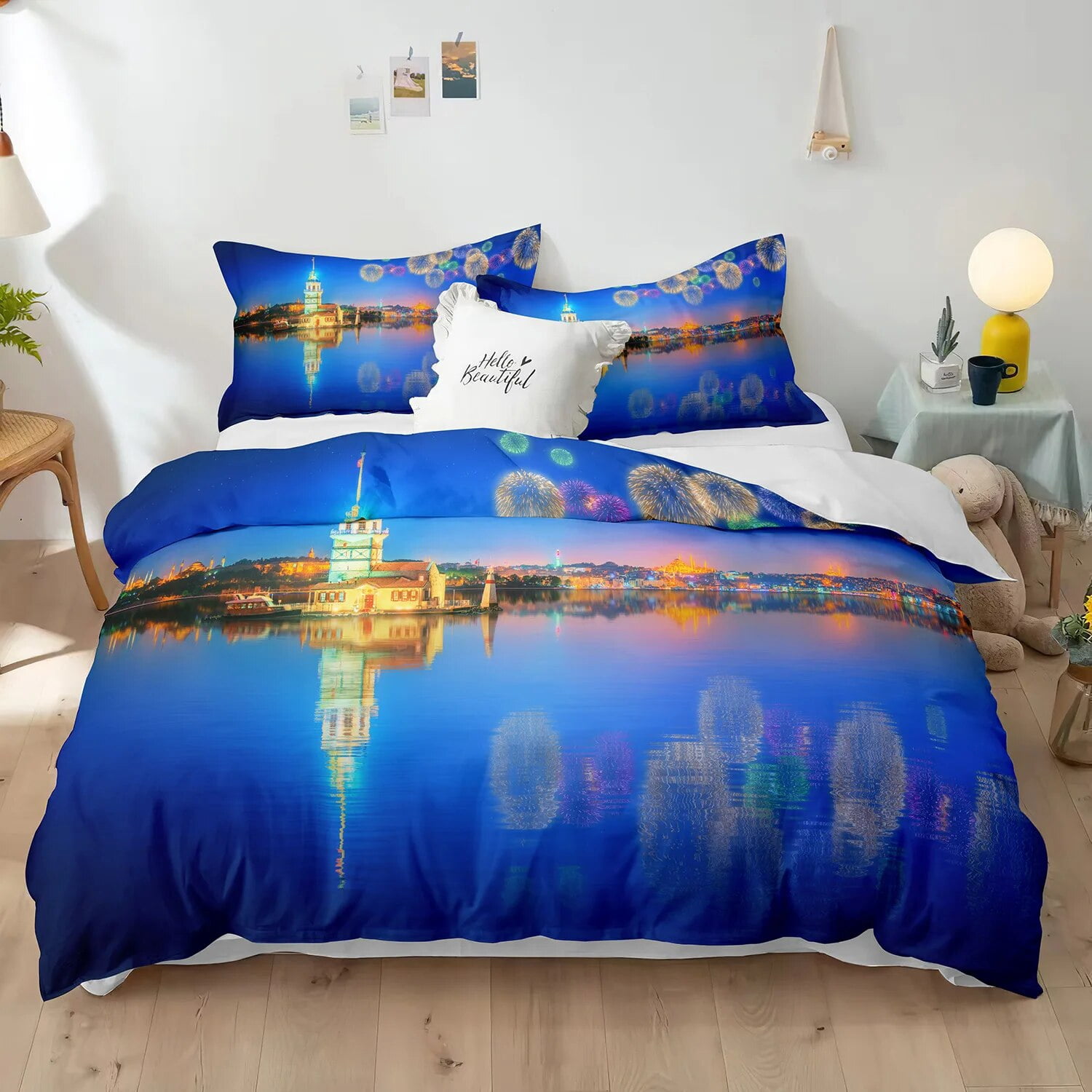 Blue Fireworks Duvet Cover Set 3D Romantic Theme Beautiful City Night ...