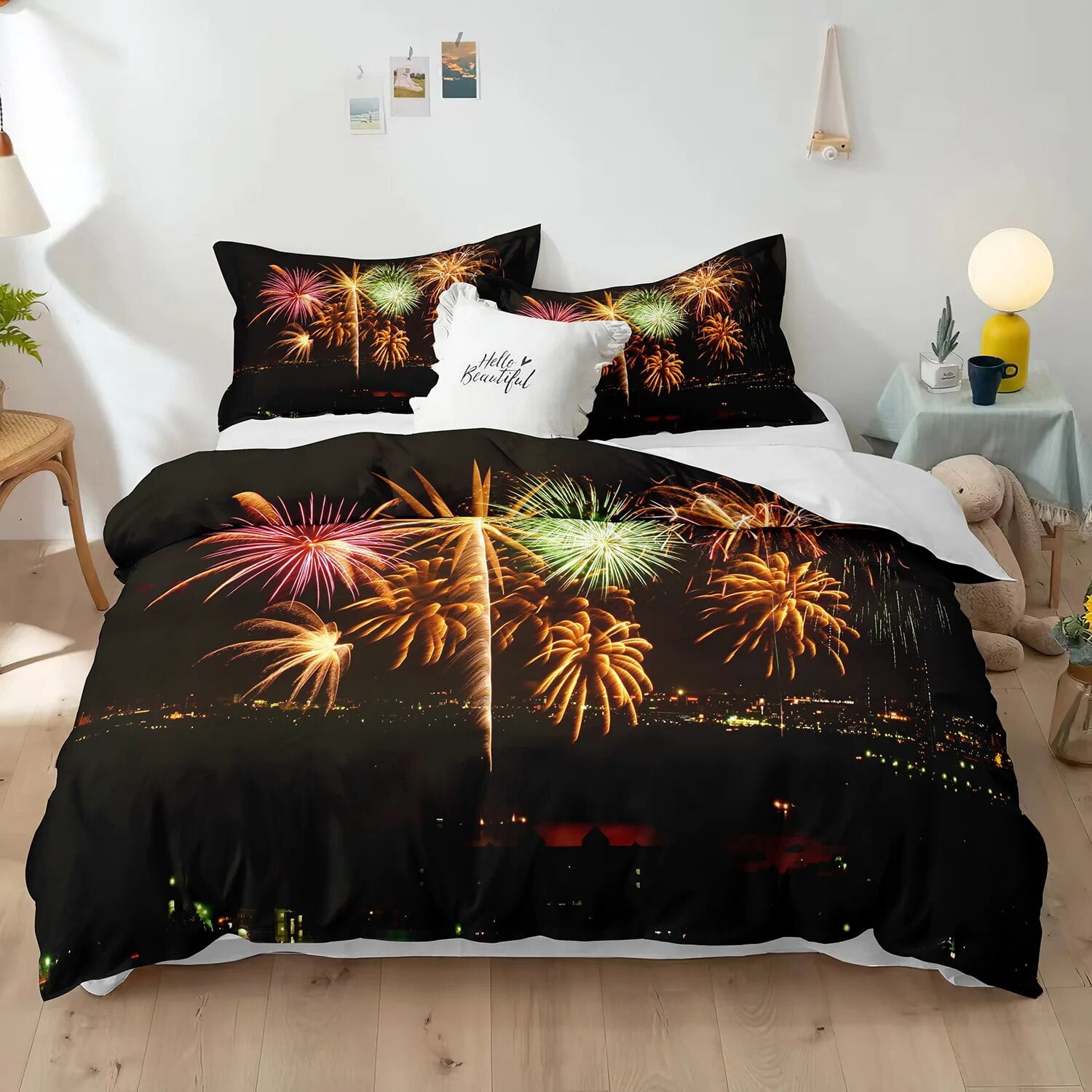 Blue Fireworks Duvet Cover Set 3D Romantic Theme Beautiful City Night ...