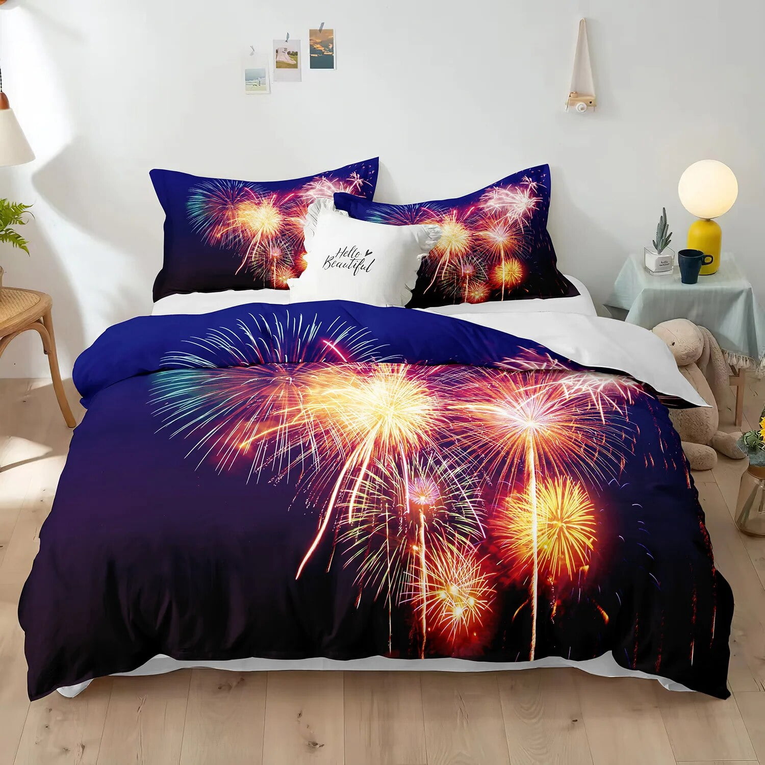 Blue Fireworks Duvet Cover Set 3D Romantic Theme Beautiful City Night ...