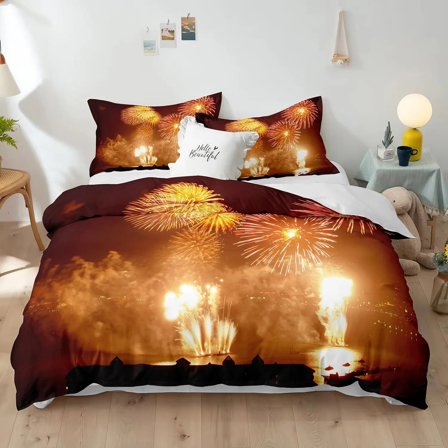 Blue Fireworks Duvet Cover Set 3D Romantic Theme Beautiful City Night ...