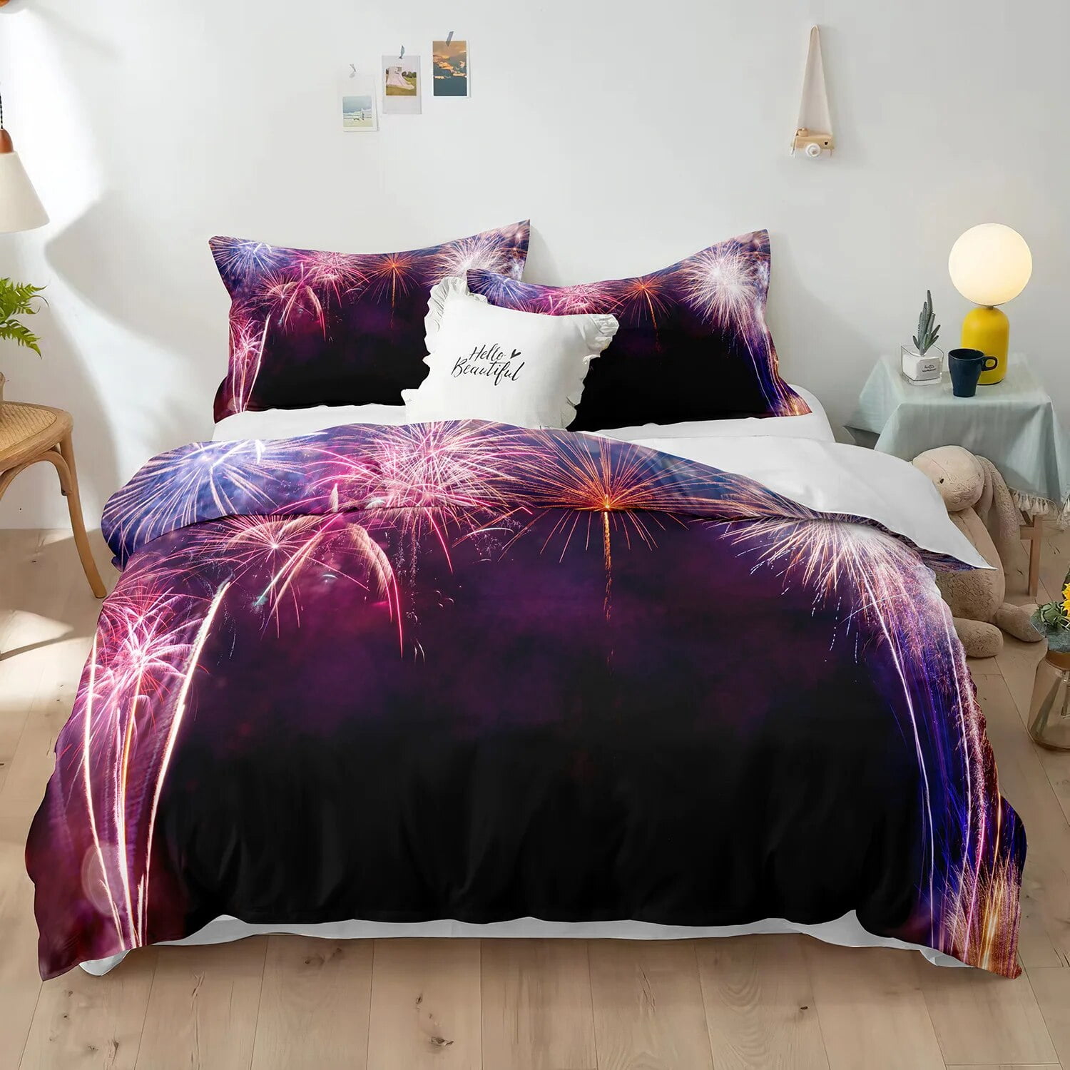 Blue Fireworks Duvet Cover Set 3D Romantic Theme Beautiful City Night ...