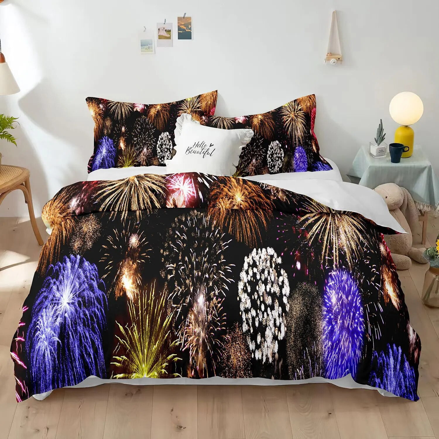 Blue Fireworks Duvet Cover Set 3D Romantic Theme Beautiful City Night ...