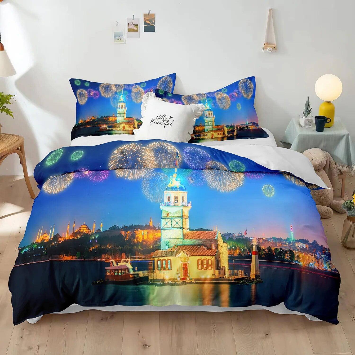 Blue Fireworks Duvet Cover Set 3D Romantic Theme Beautiful City Night ...