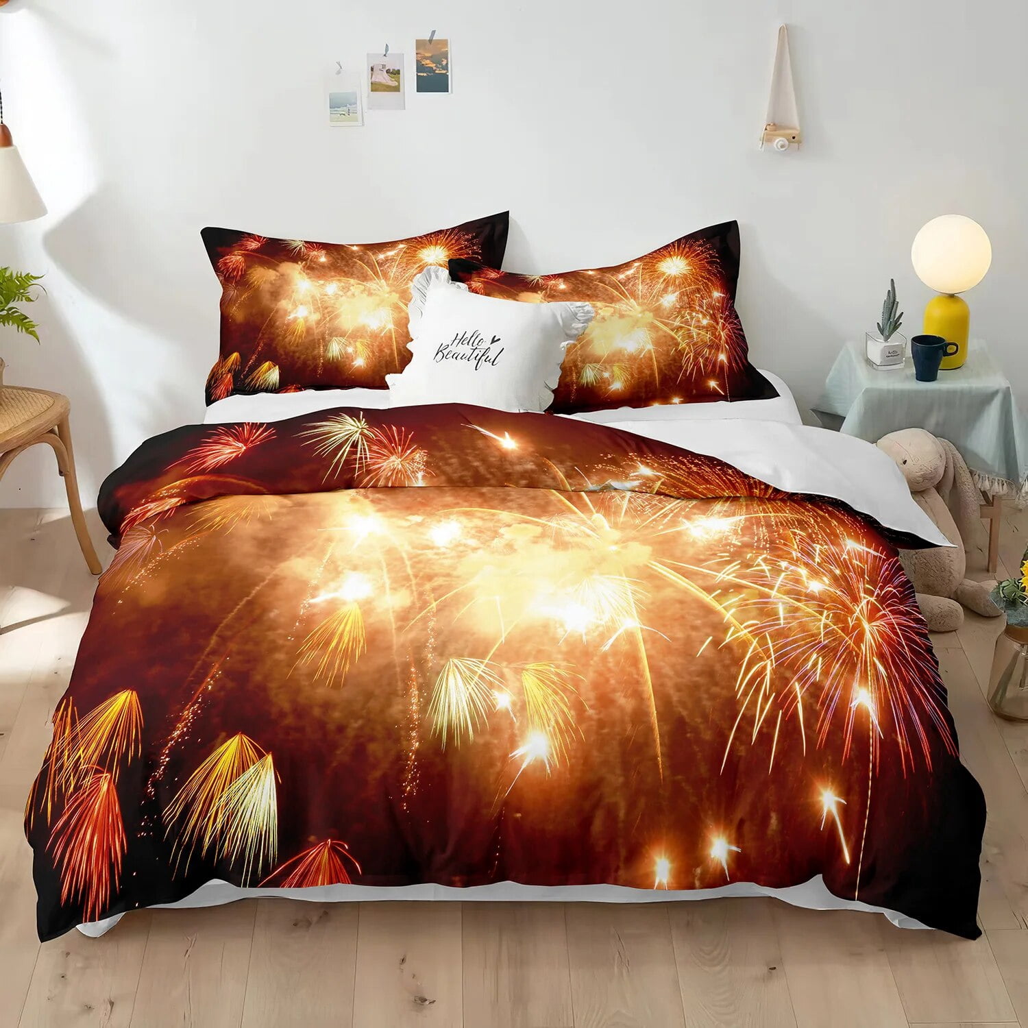 Blue Fireworks Duvet Cover Set 3D Romantic Theme Beautiful City Night ...