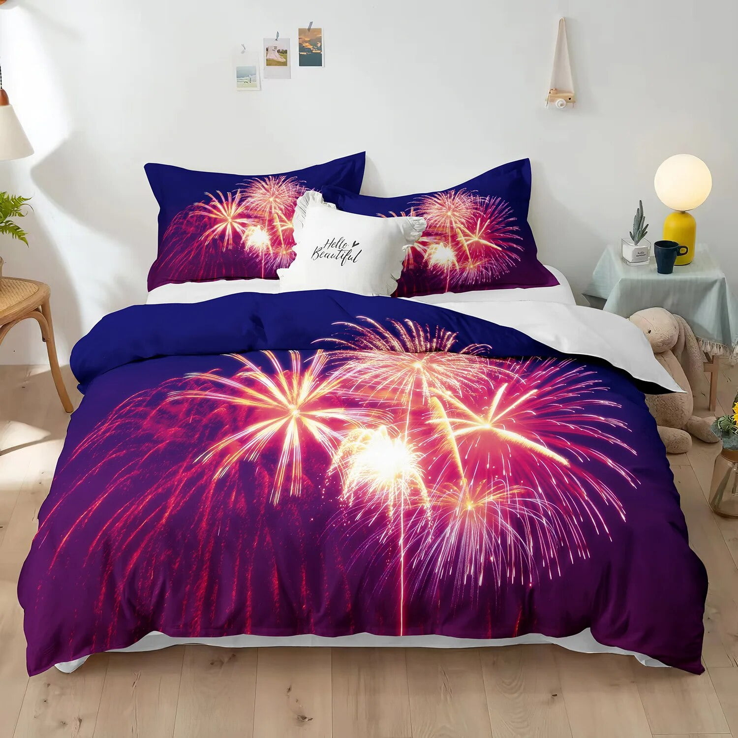 Blue Fireworks Duvet Cover Set 3D Romantic Theme Beautiful City Night ...