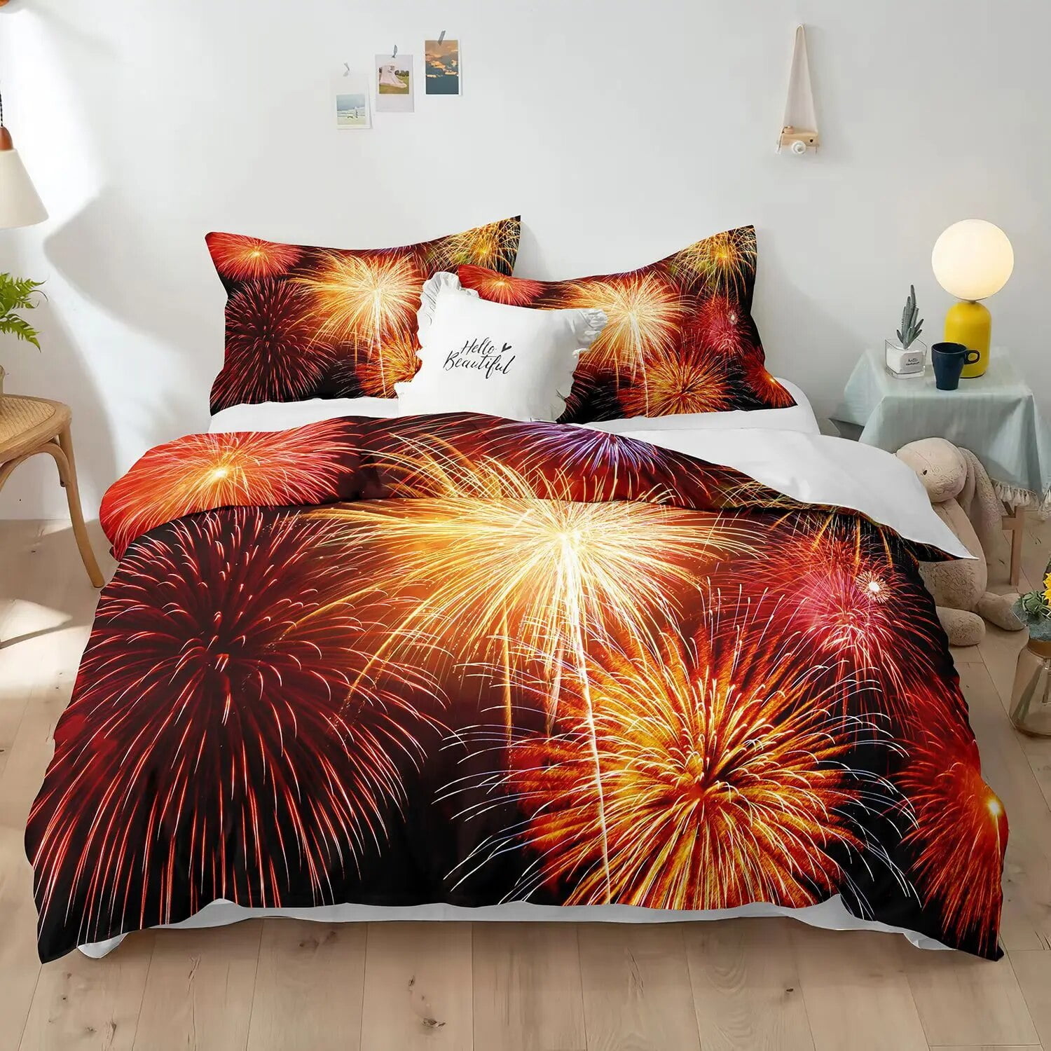 Blue Fireworks Duvet Cover Set 3D Romantic Theme Beautiful City Night ...
