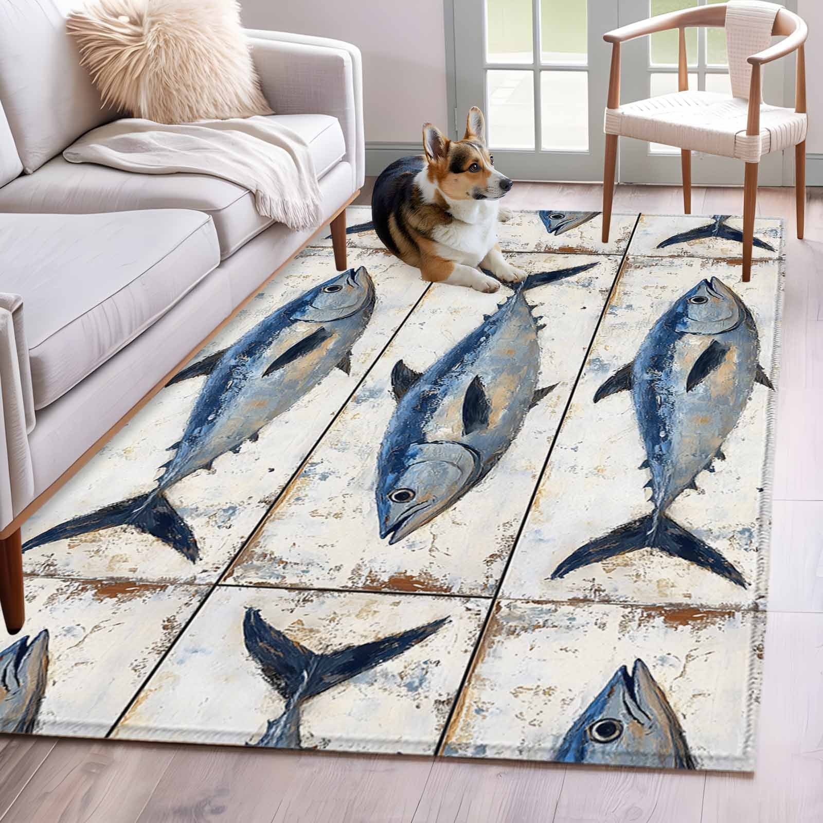 Blue Fish Area Rug 3x5 Washable Rug Non Slip Vintage Oil Painting Beach ...