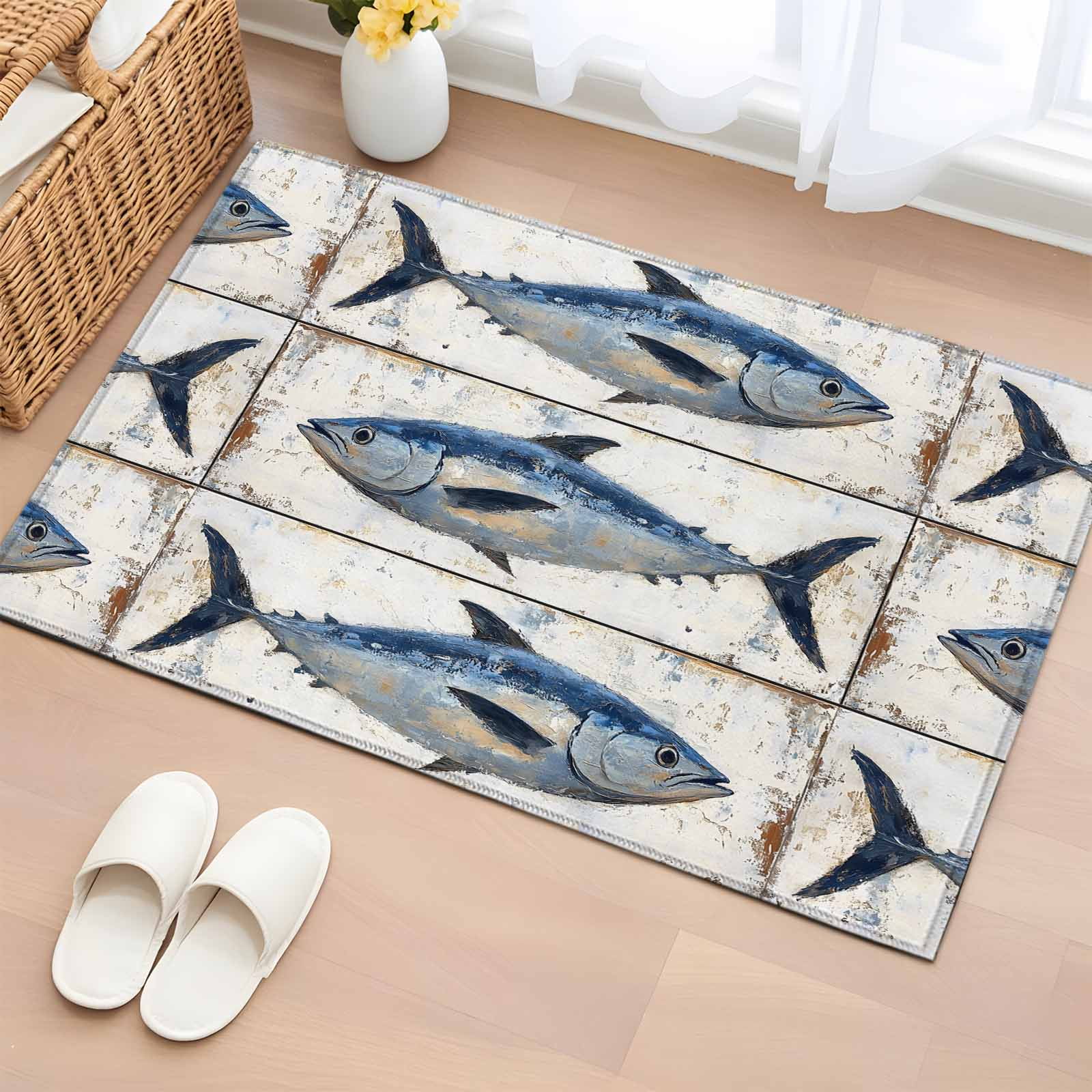 Blue Fish Bathroom Rug Washable 2x3 Entryway Rug Non Slip Vintage Oil ...
