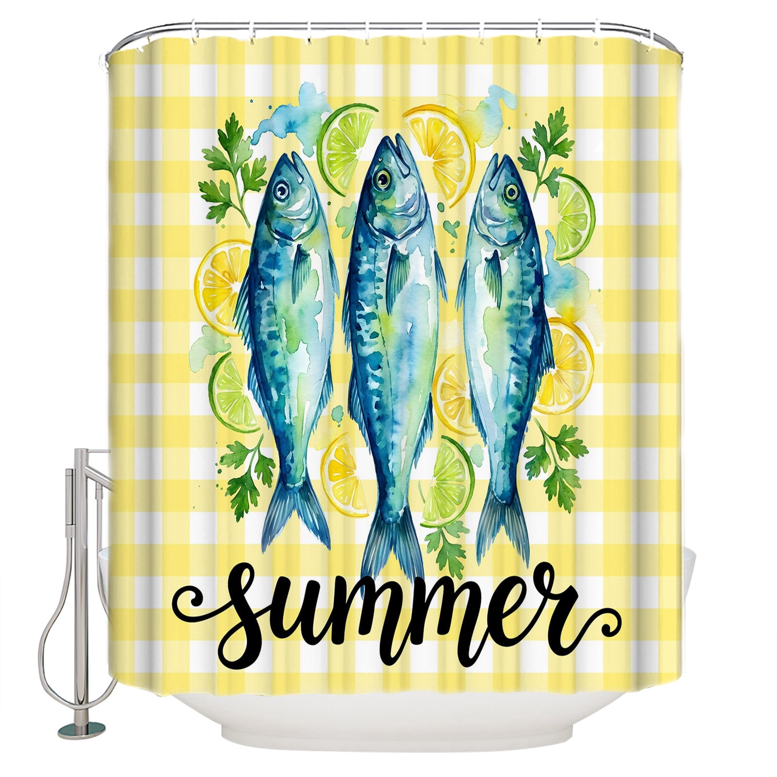 Blue Fish Bathroom Shower Curtains with 12 Hooks Waterproof Shower ...