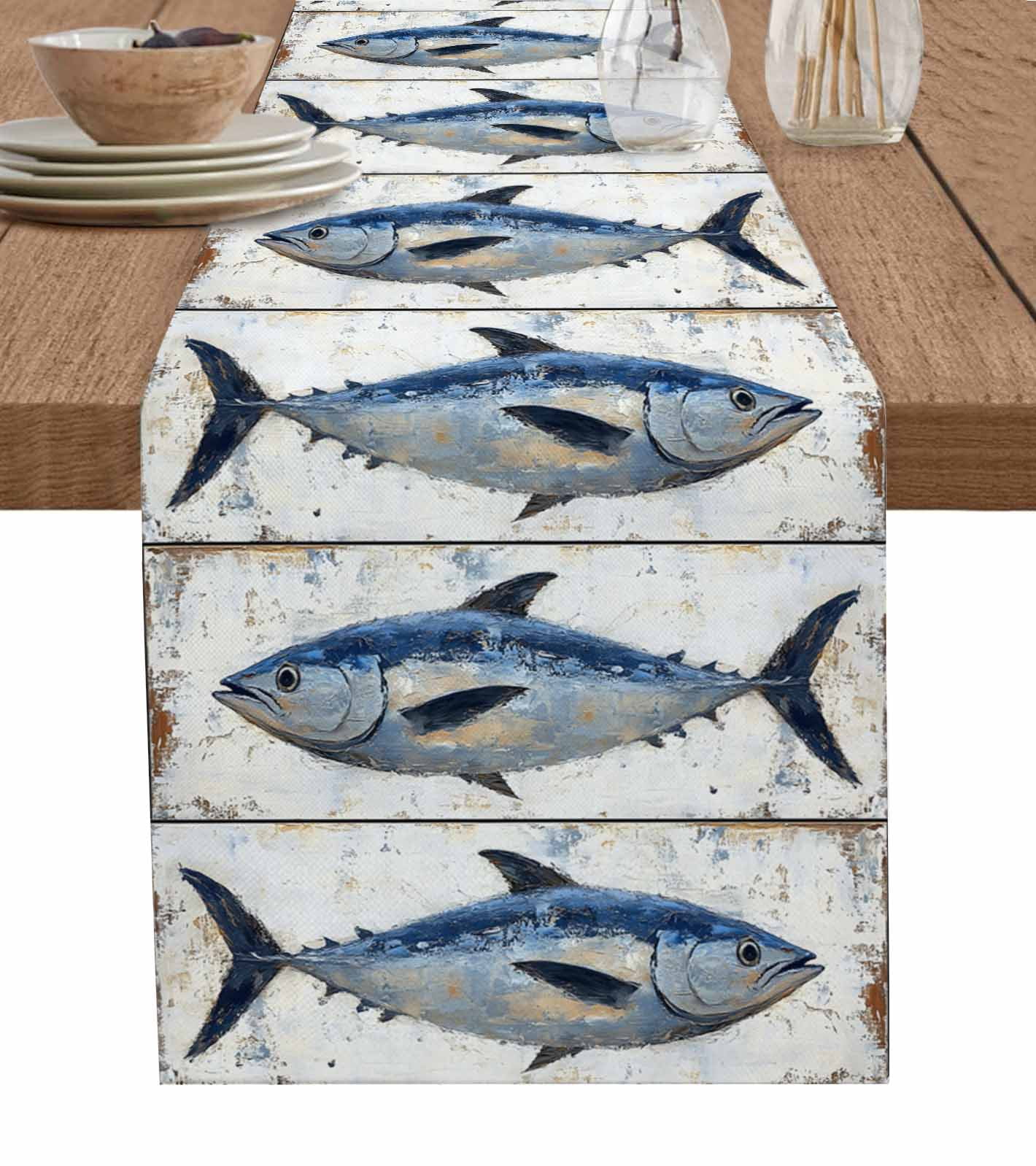 Blue Fish Burlap Cotton Table Runner 13x48 Inches Long, Vintage Oil ...