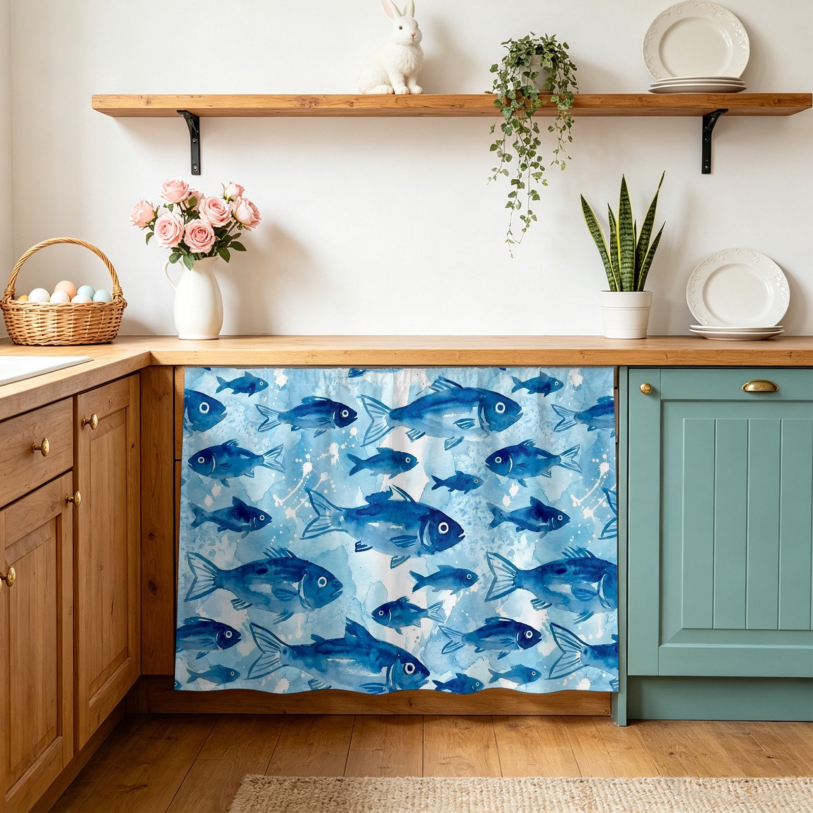 Blue Fish Cabinet Curtains 28" W x 35" L, Ocean Life Watercolor Fish ...