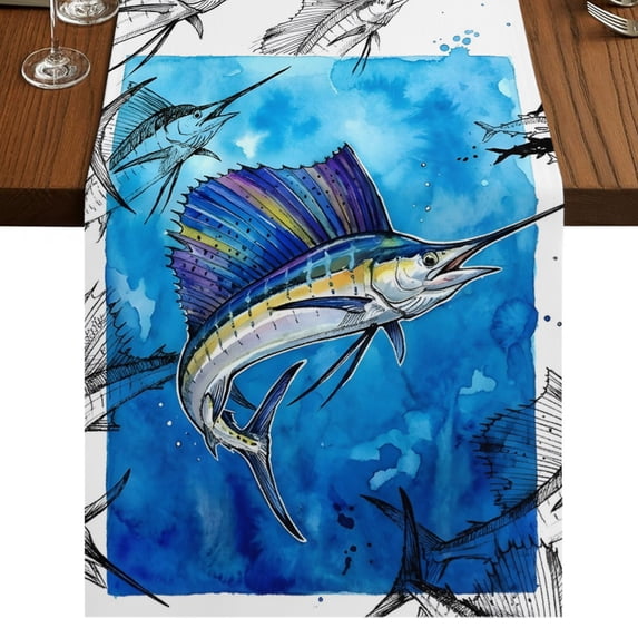 Blue Fish Coastal Burlap Cotton Table Runner 18x72 Inches Long, Ocean ...