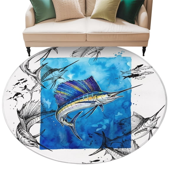 Blue Fish Coastal Round Rug 7ft Washable Circle Rugs Non Slip Ocean ...