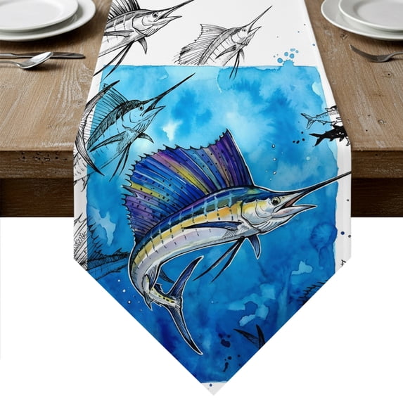 Blue Fish Coastal Table Runner Linen Burlap Table Runner 72 Inches Long ...