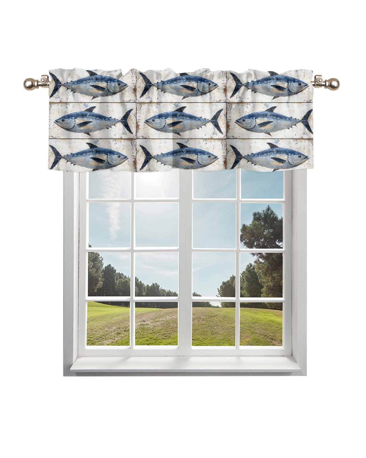 Blue Fish Curtain Valance for Windows/Living Room/Kitchen/Bathroom/Café ...