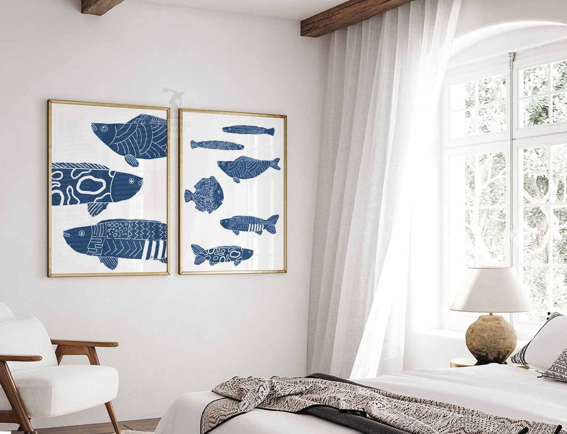 Blue Fish Fish Prints Sea Life Art Ocean Abstract Interior Design Set 2 ...