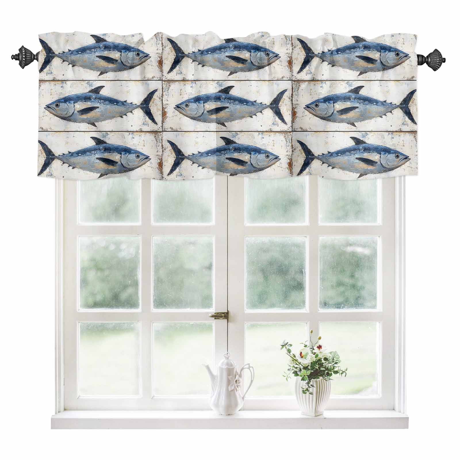 Blue Fish Kitchen Valances for Windows 42x12 Inch Kitchen Curtains ...