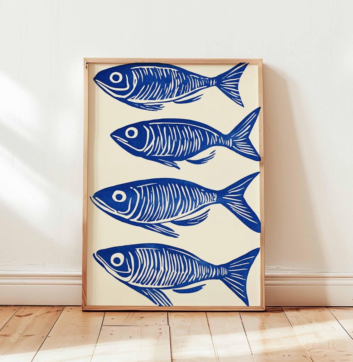 Blue Fish Nautical Kitchen Coastal Sea Bold Linocut Artwork Print ...