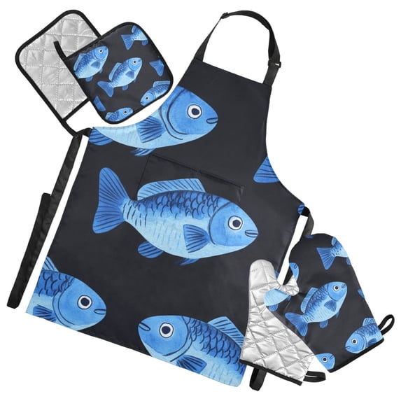 Blue Fish Pattern Oven Mitts and Pot Holders with Chef Apron Set 5 Pcs ...