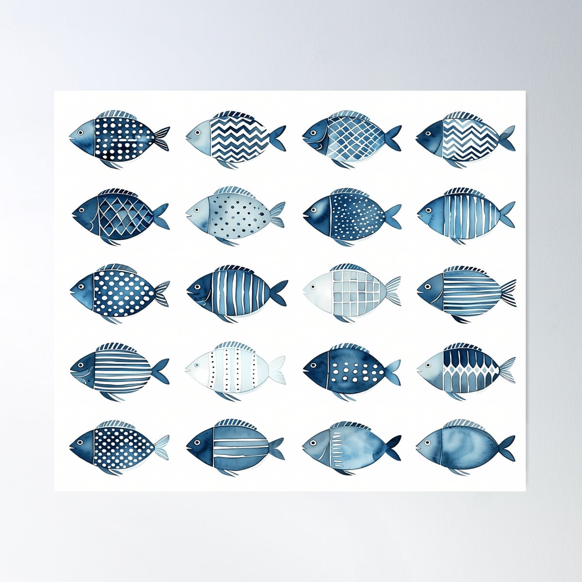 Blue Fish Pattern Underwater Vibes Poster Wall Art, Modern Wall Decor ...