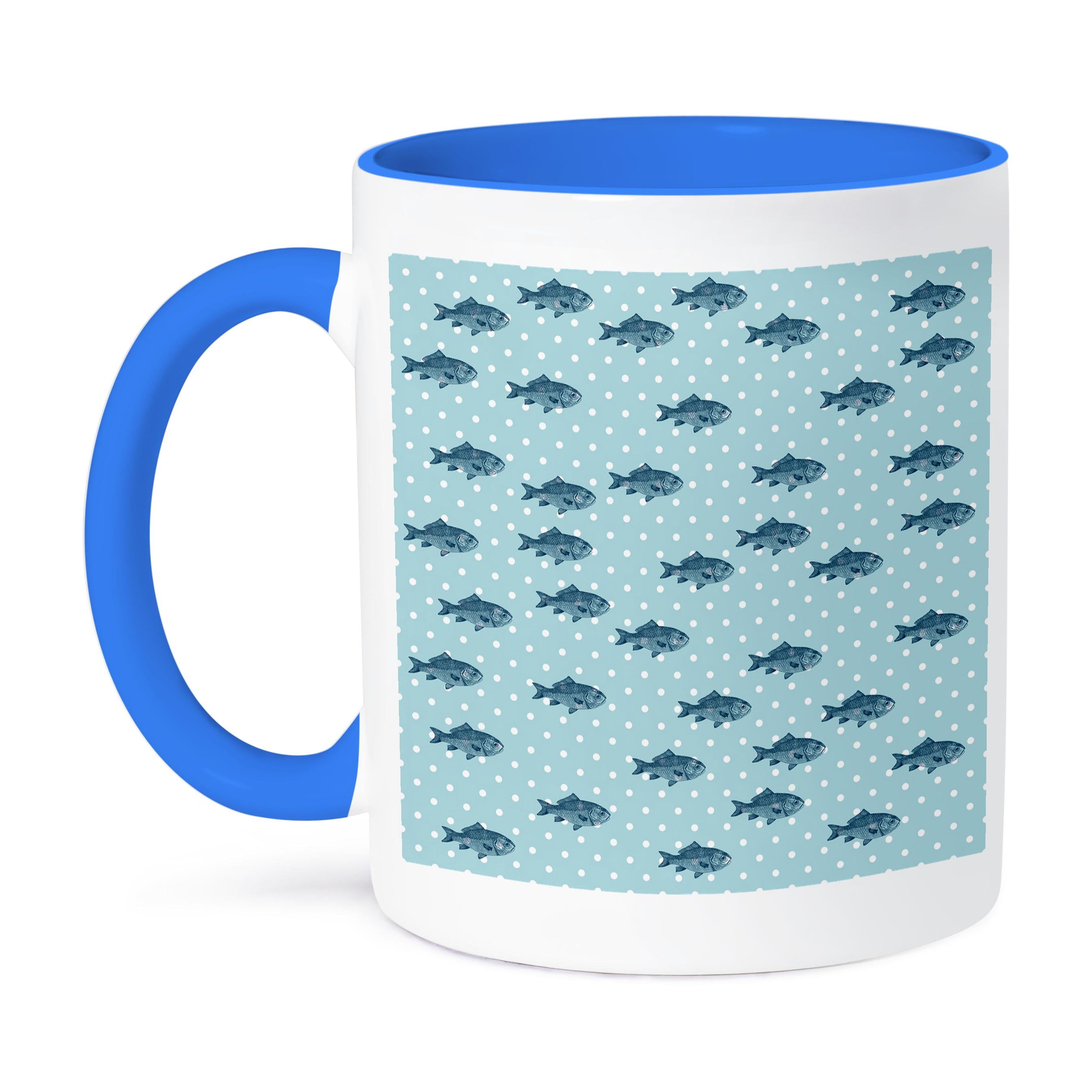3dRose, Blue Fish Polka dots beach theme art, 15oz Two-Tone Blue Mug ...