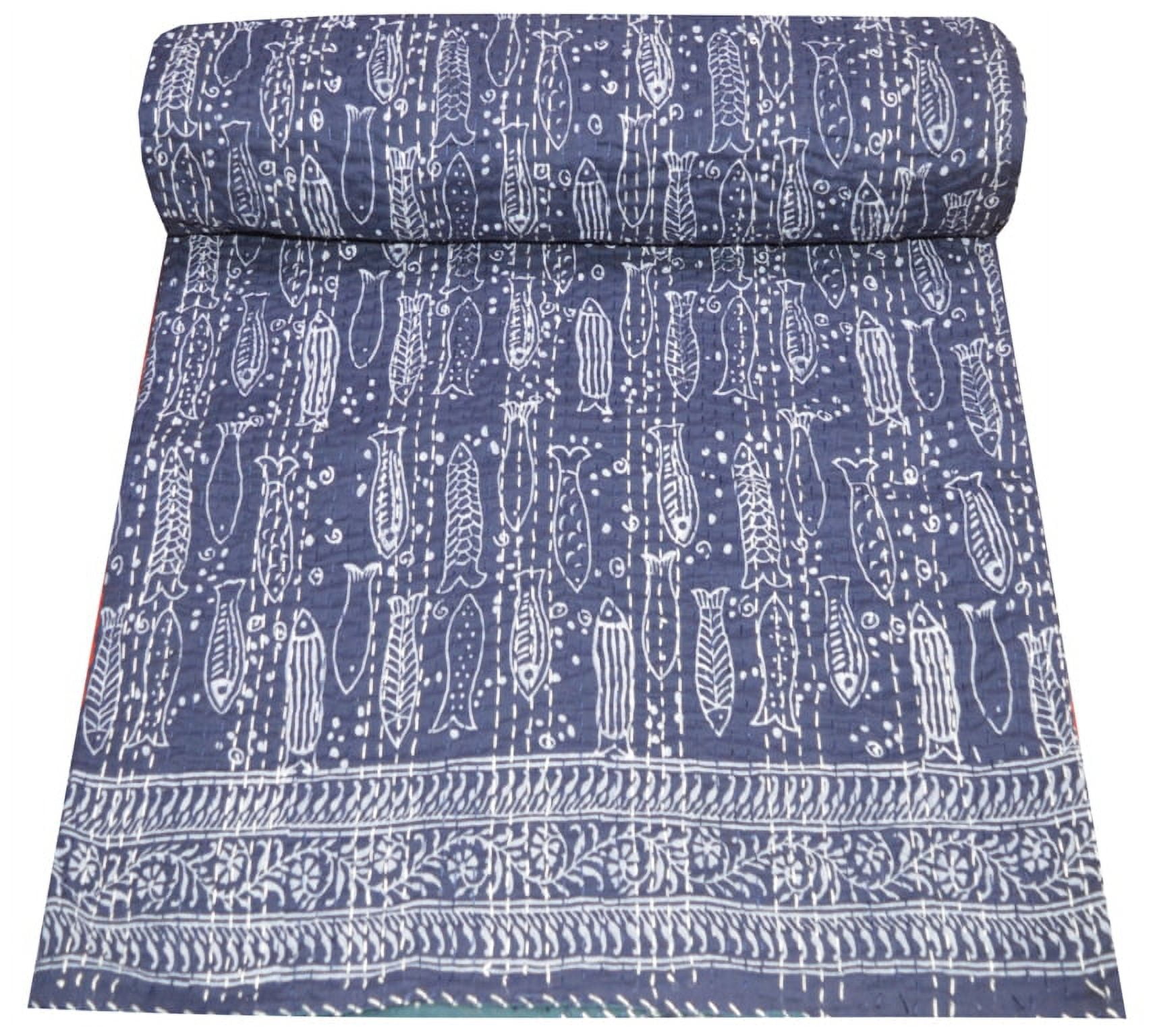 Blue Fish Print Quilt Queen Kantha Quilt Bedding Kantha Bedspread ...