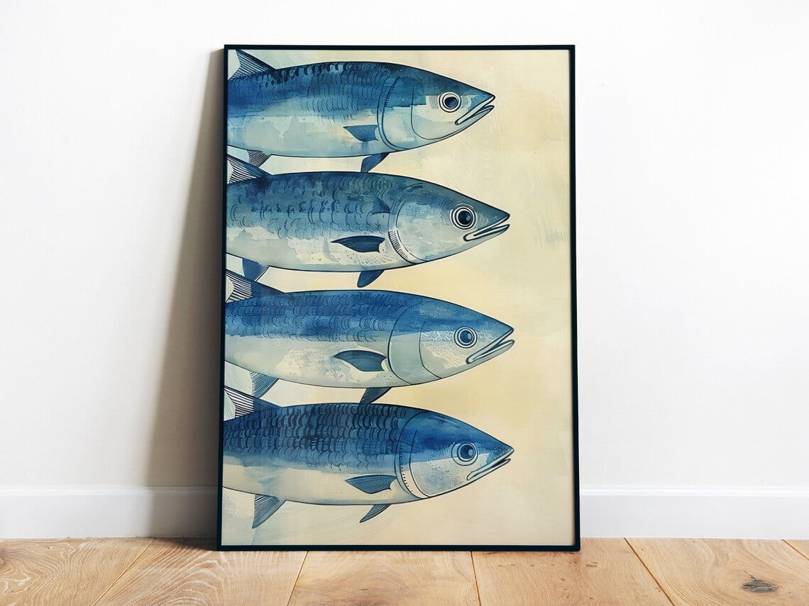 Blue Fish Print Sardines Art Print Kitchen Wall Art Retro Fish Art For ...
