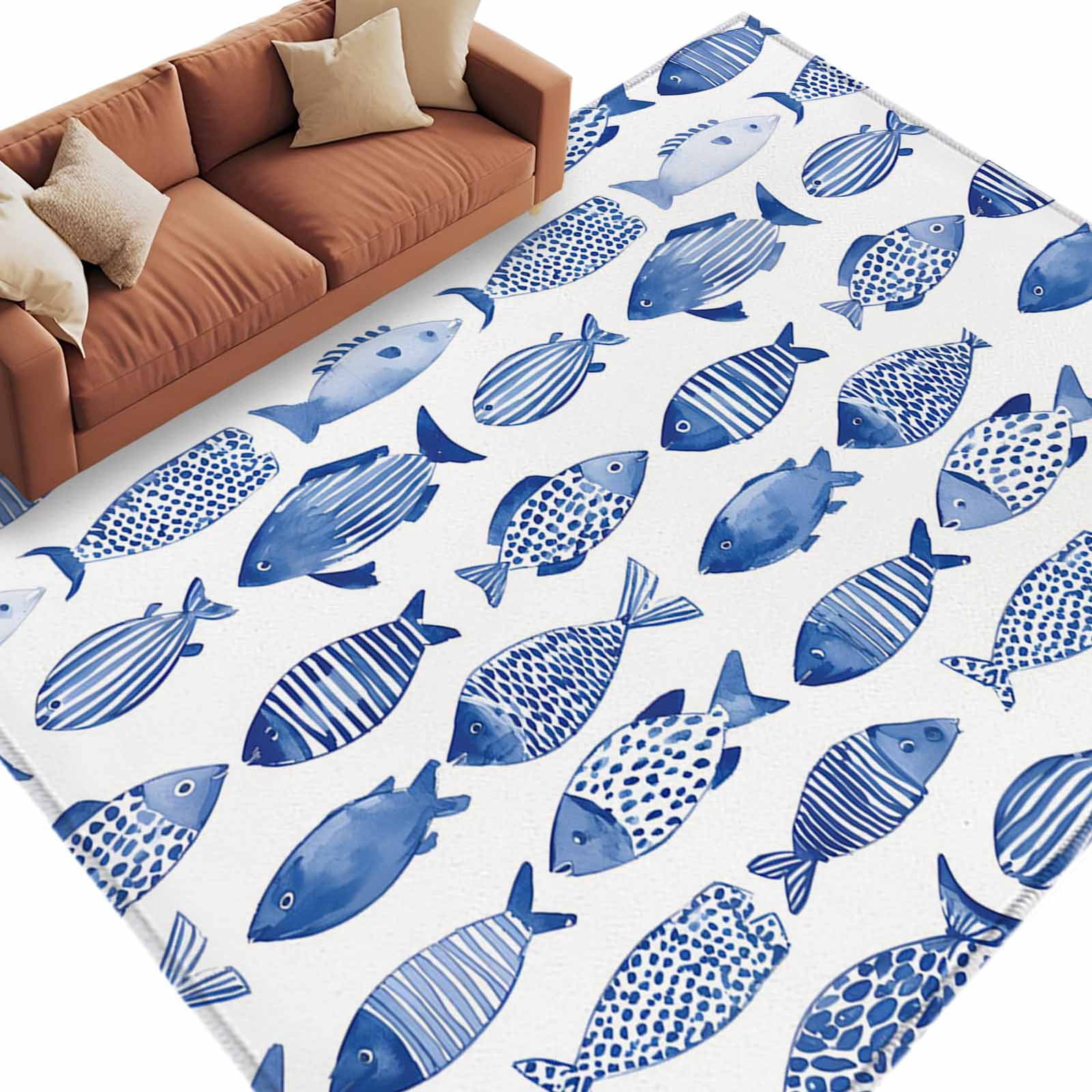 Blue Fish Scale Area Rug 5x7 Washable Rug Non Slip Coastal Nautical ...