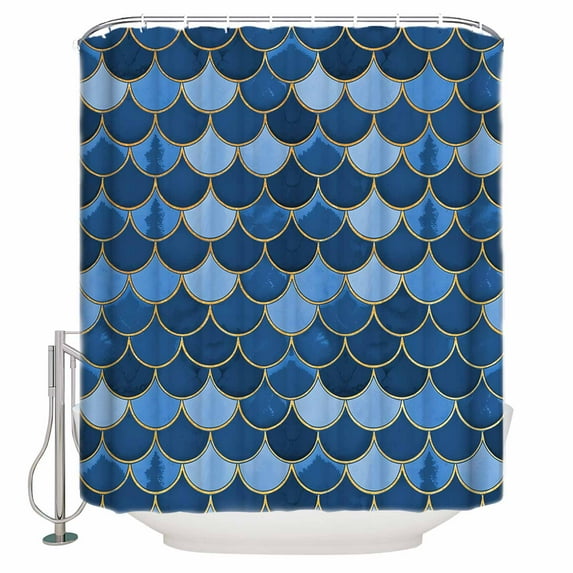 Blue Fish Scale Bathroom Shower Curtains with 12 Hooks Polyester ...