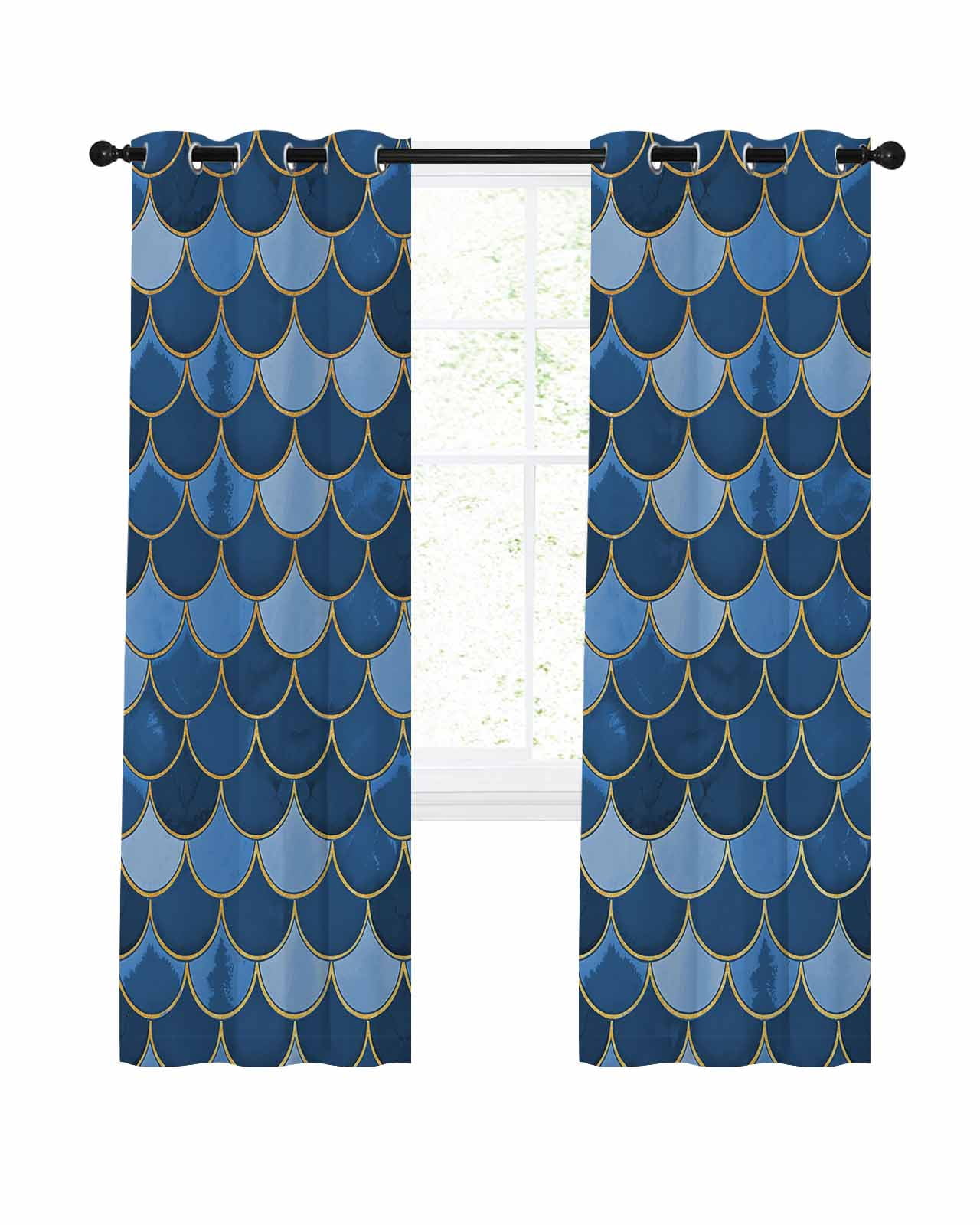 Blue Fish Scale Blackout Curtains, Light Blocking Print Window Curtains ...
