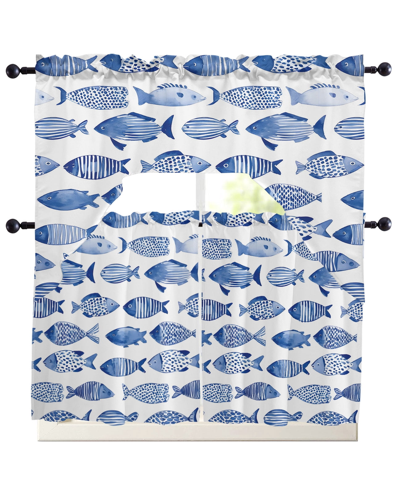Blue Fish Scale Kitchen Curtains Sets for Windows 3 Piece, Coastal ...