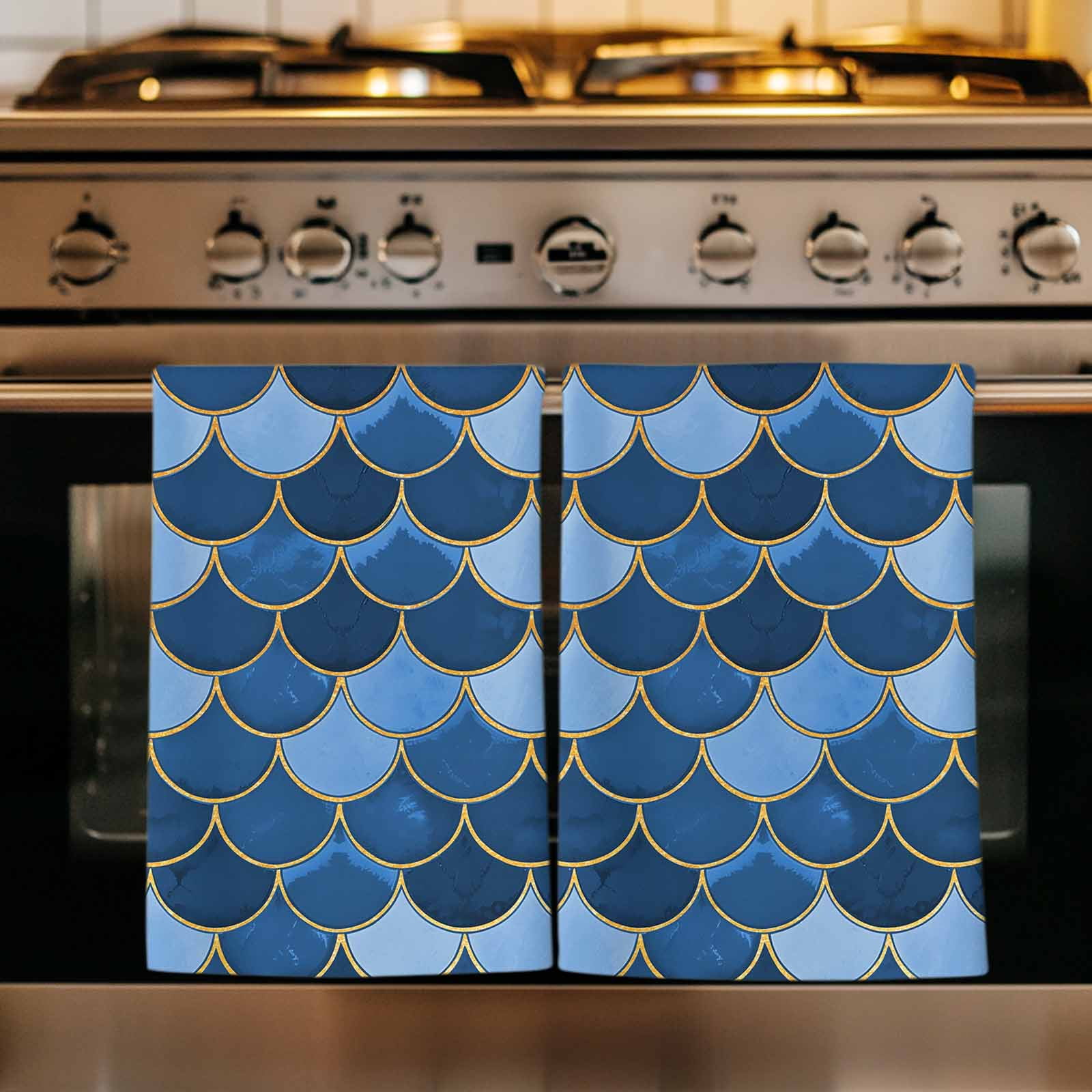 Blue Fish Scale Kitchen Towels Set of 1, Modern Geometric Ombre ...