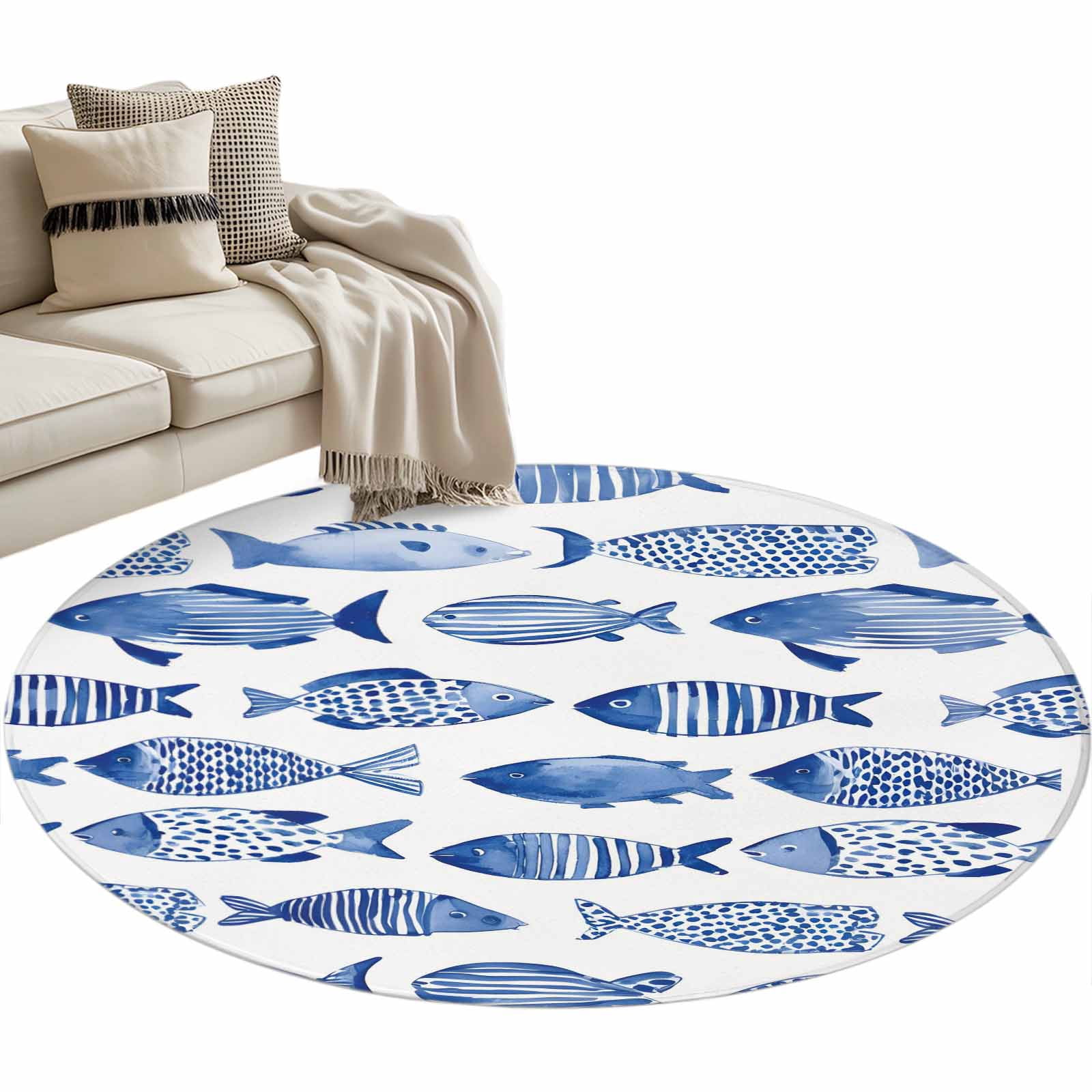 Blue Fish Scale Round Rug 3.3ft Washable Circle Entryway Rugs Non Slip ...
